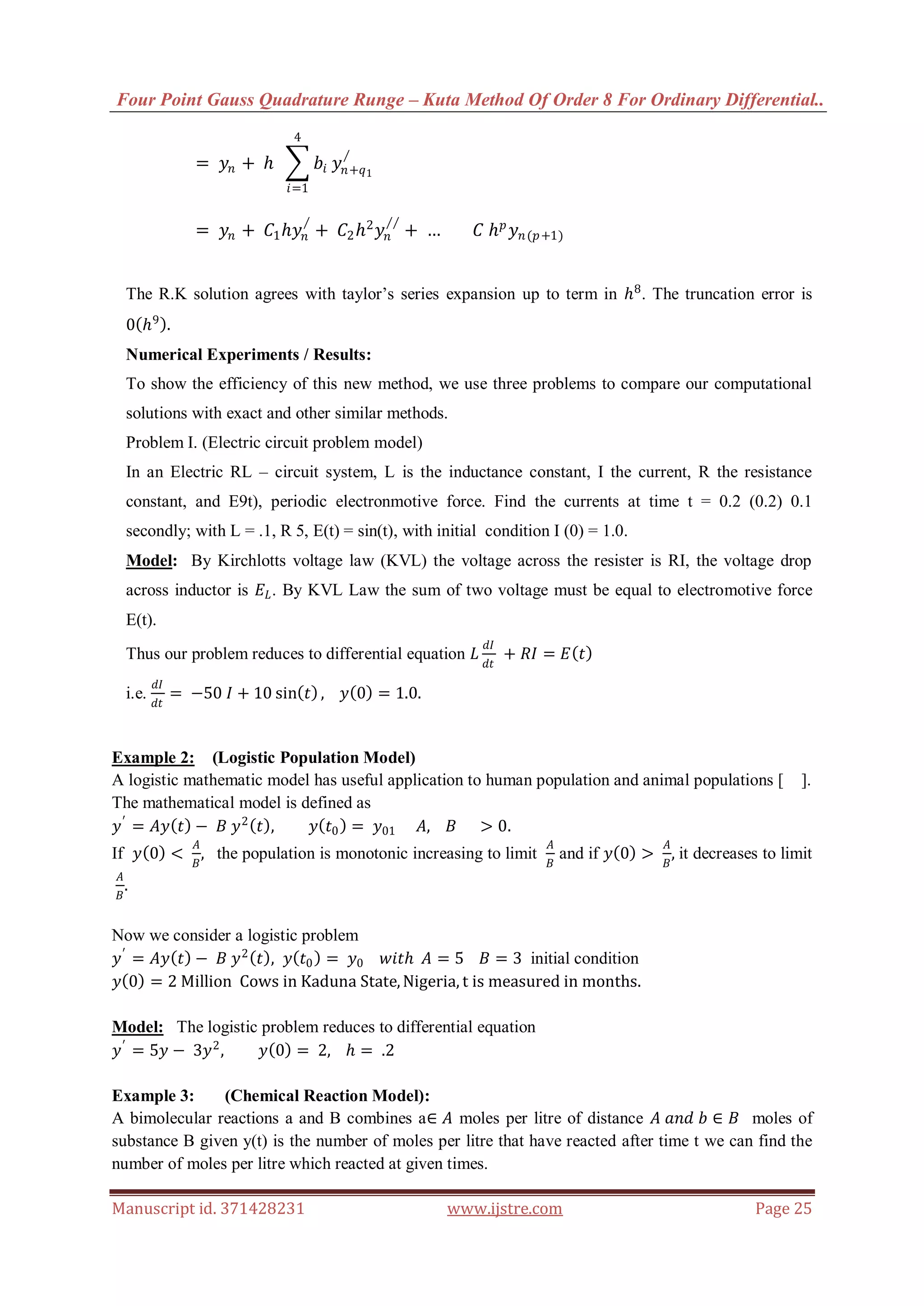 Four Point Gauss Quadrature Runge – Kuta Method Of Order 8 For Ordinary Differential Equations | PDF