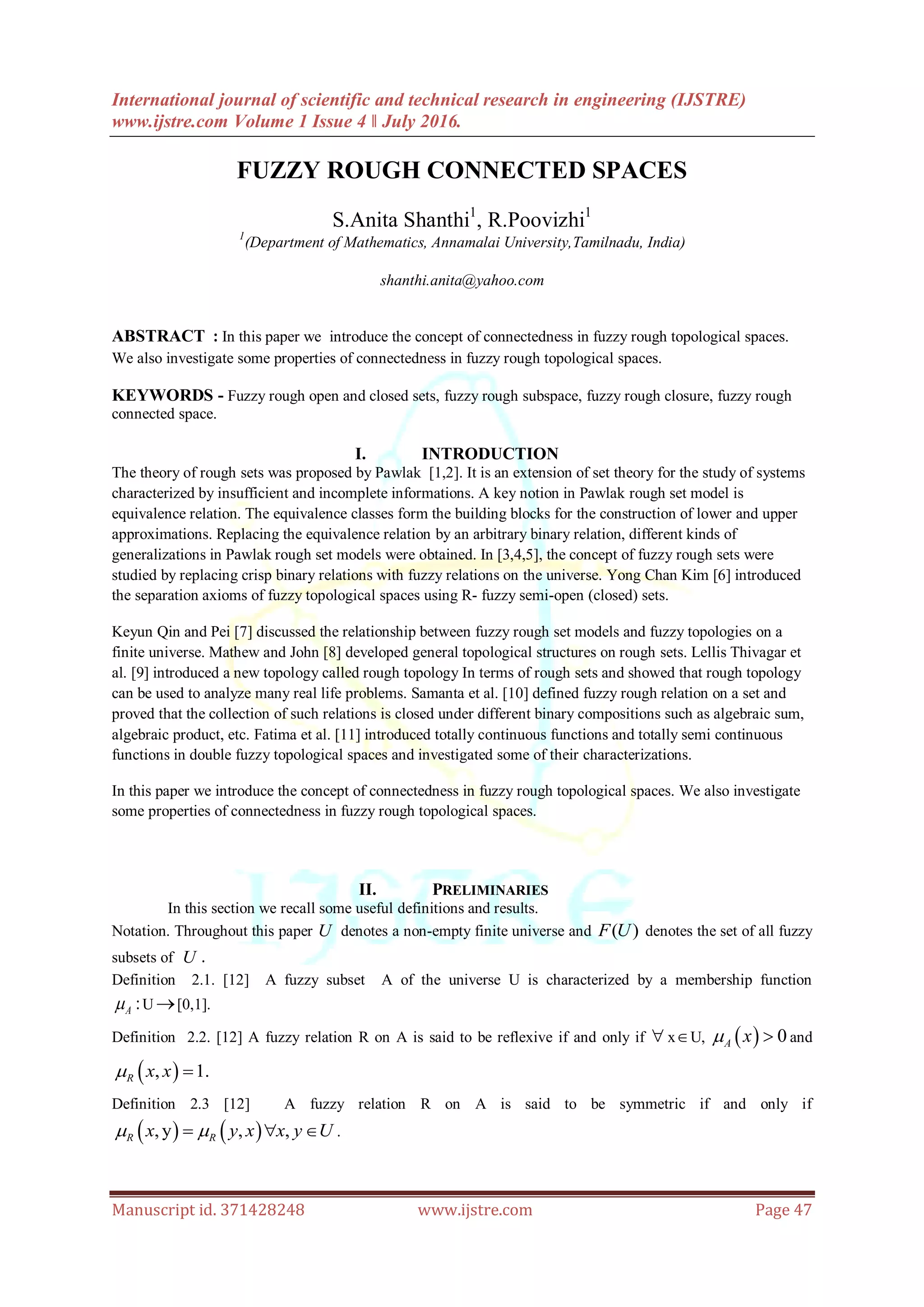 Fuzzy Rough Connected Spaces Pdf