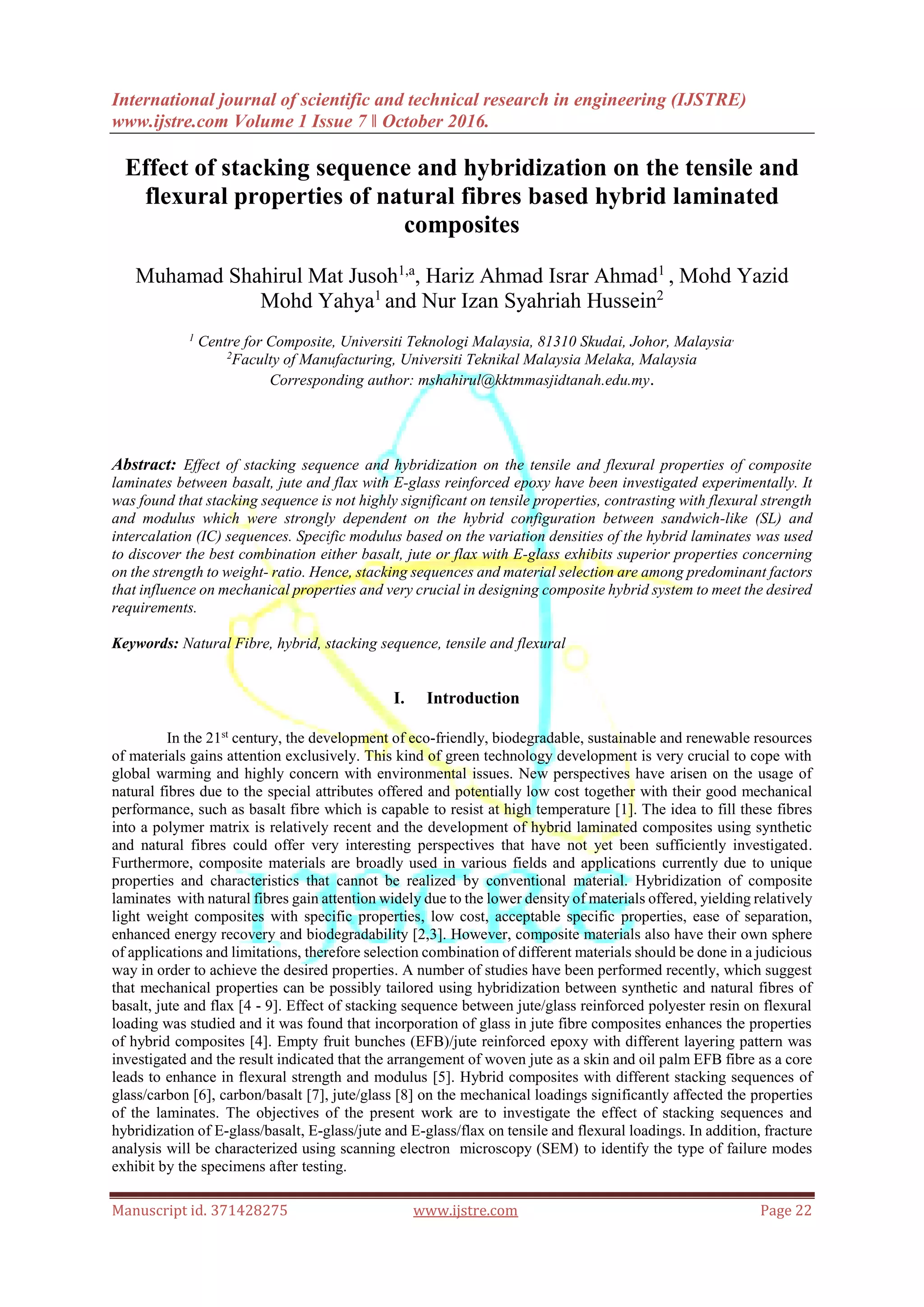 Effect Of Stacking Sequence And Hybridization On The Tensile And Flexural Properties Of Natural