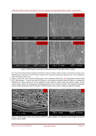Adhesion studies of the atmospheric pressure plasma treated polypropylene fabric coated with ...
