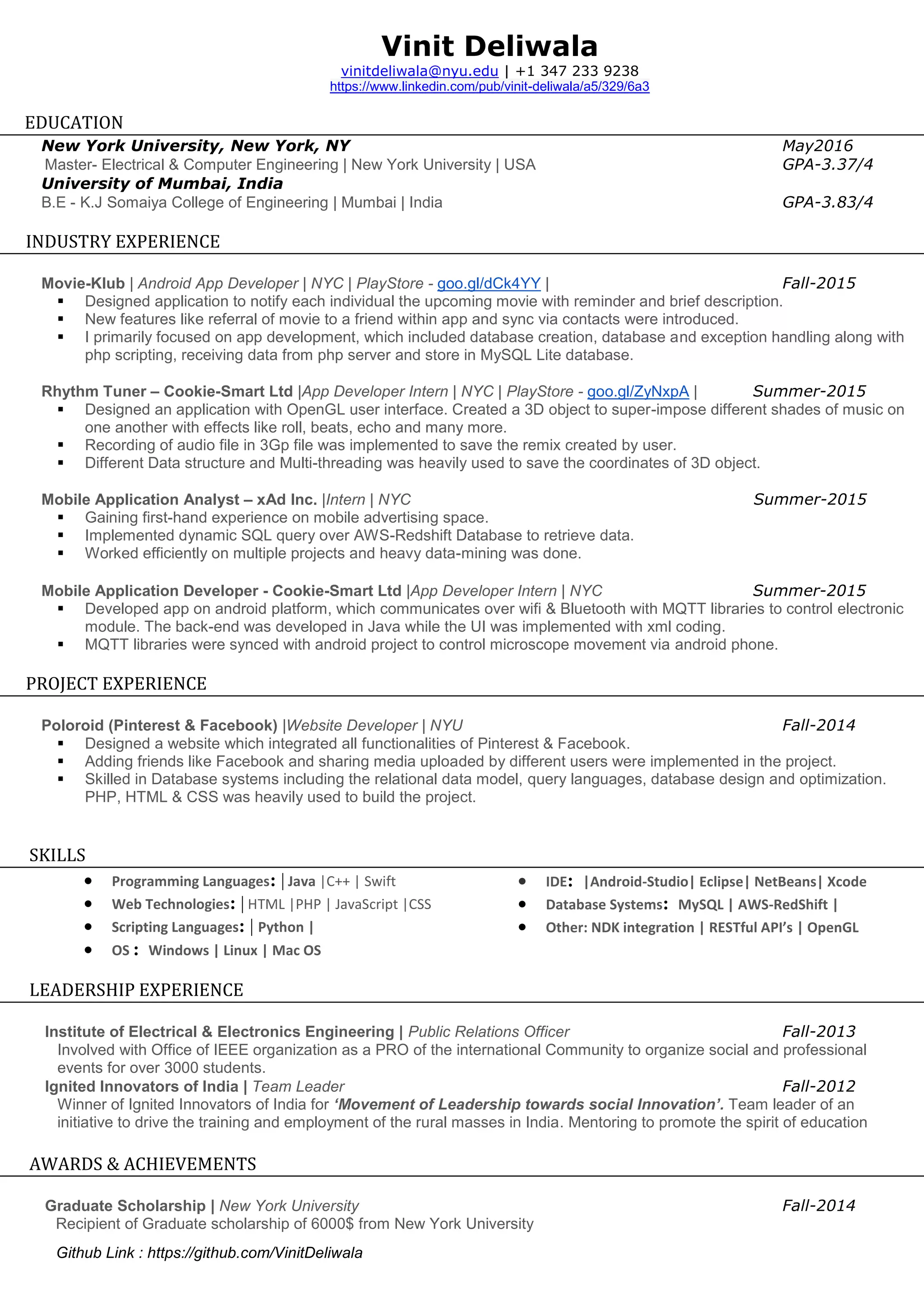 Vinit Deliwala Resume | PDF