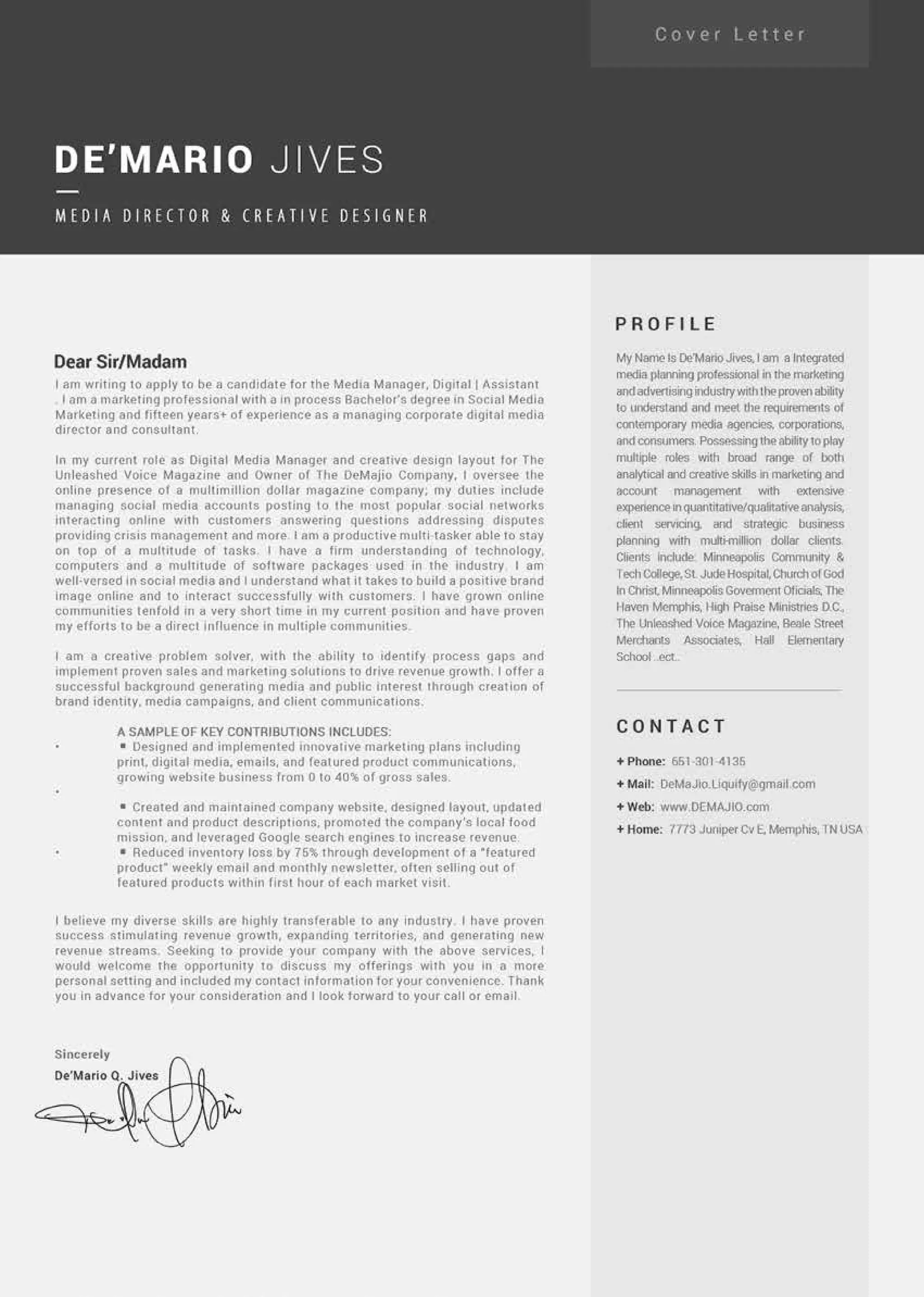 DeMario Jives Resume Portfolio Layout | PDF