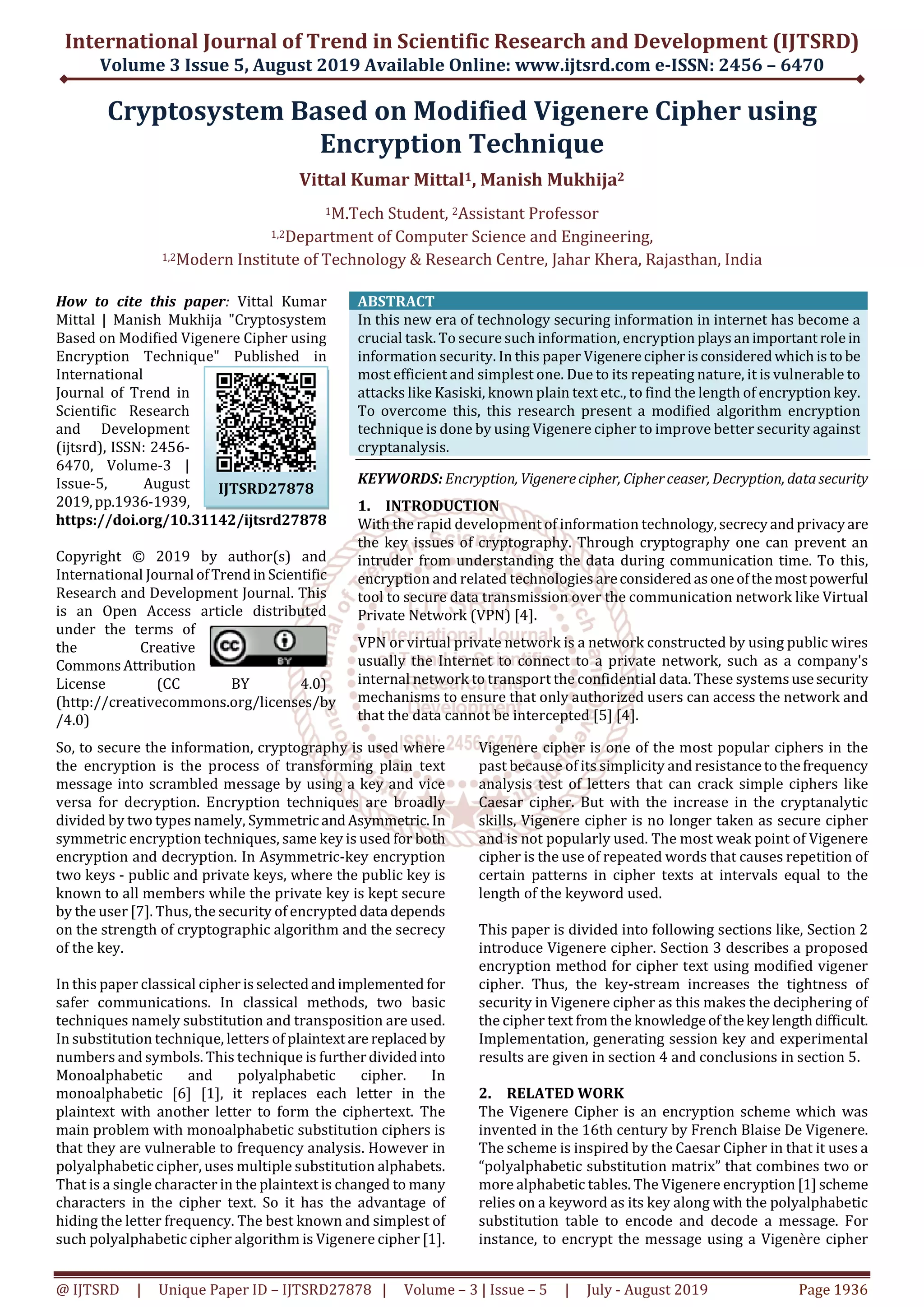 Cryptosystem Based On Modified Vigenere Cipher Using Encryption Technique Pdf 3844