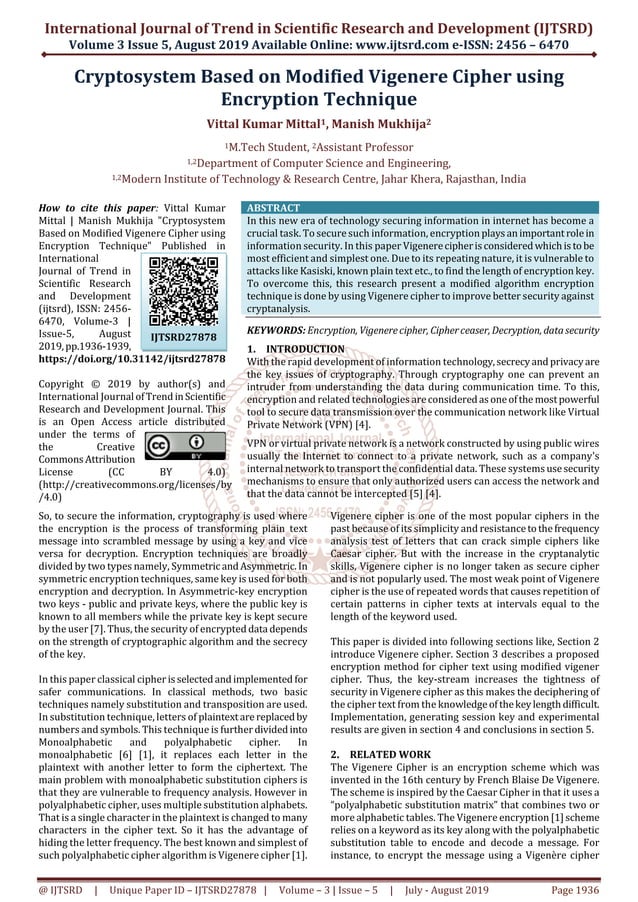 Cryptosystem Based On Modified Vigenere Cipher Using Encryption Technique Pdf