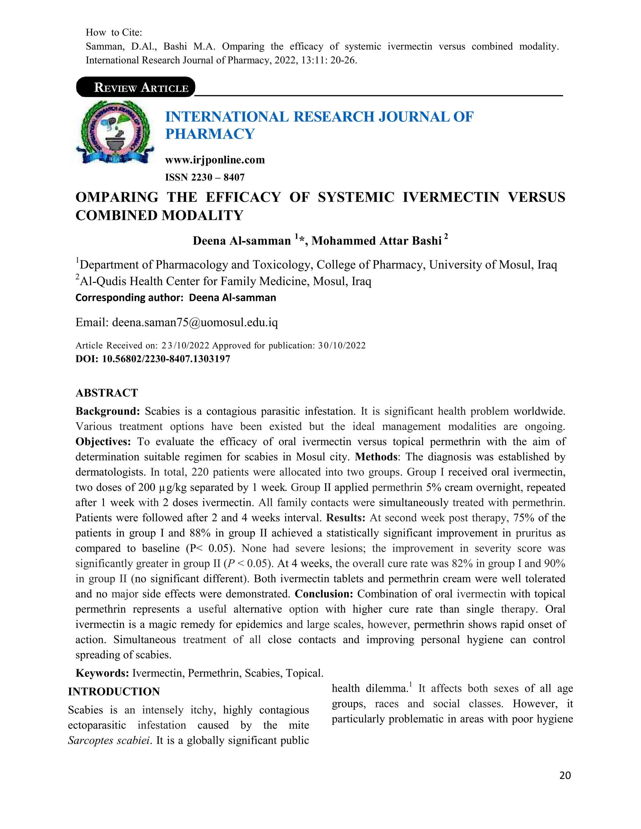 OMPARING THE EFFICACY OF SYSTEMIC IVERMECTIN VERSUS | PDF