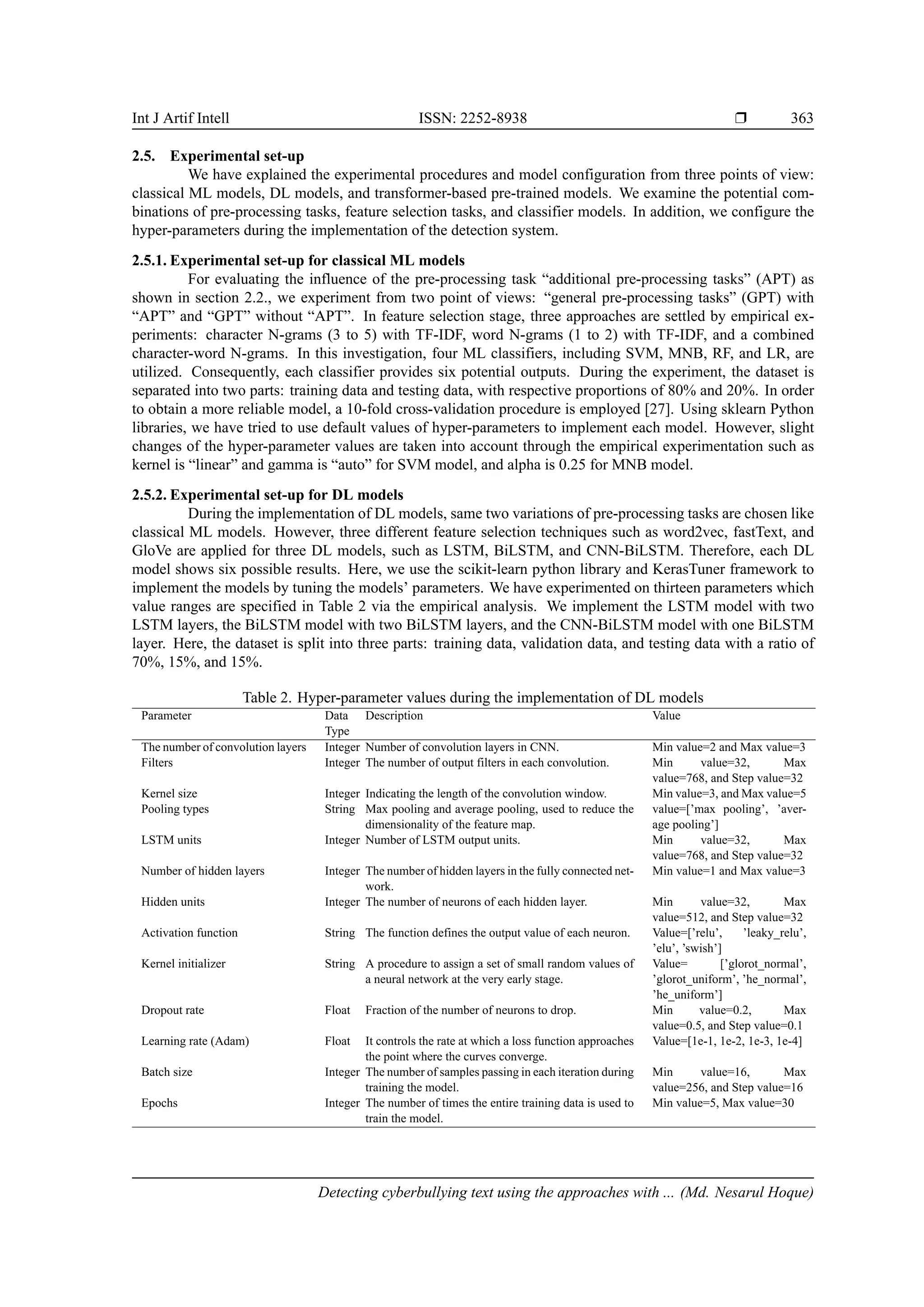 Detecting cyberbullying text using the approaches with machine learning models for the low ...