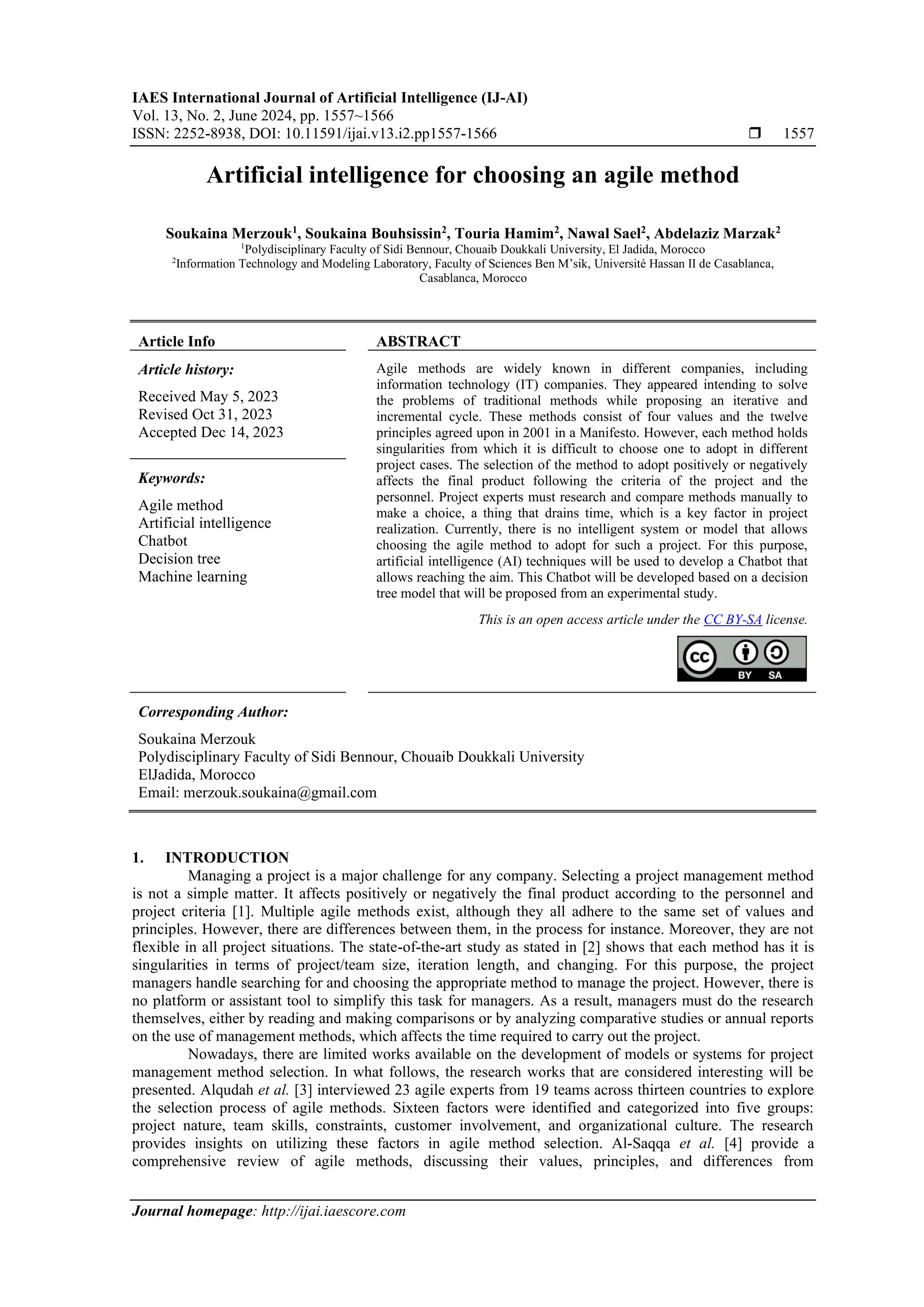 Artificial intelligence for choosing an agile method | PDF