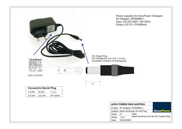 AccuPower Charger AC Adapter: APSM800-1 Datenblatt Datasheed | PDF