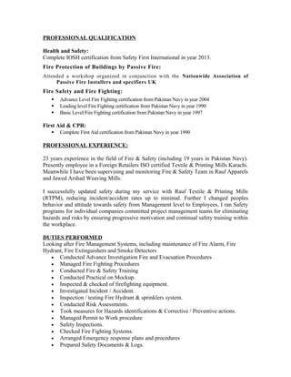 CV - MANAGER FIRE & SAFETY | DOC | First Aid | Injuries