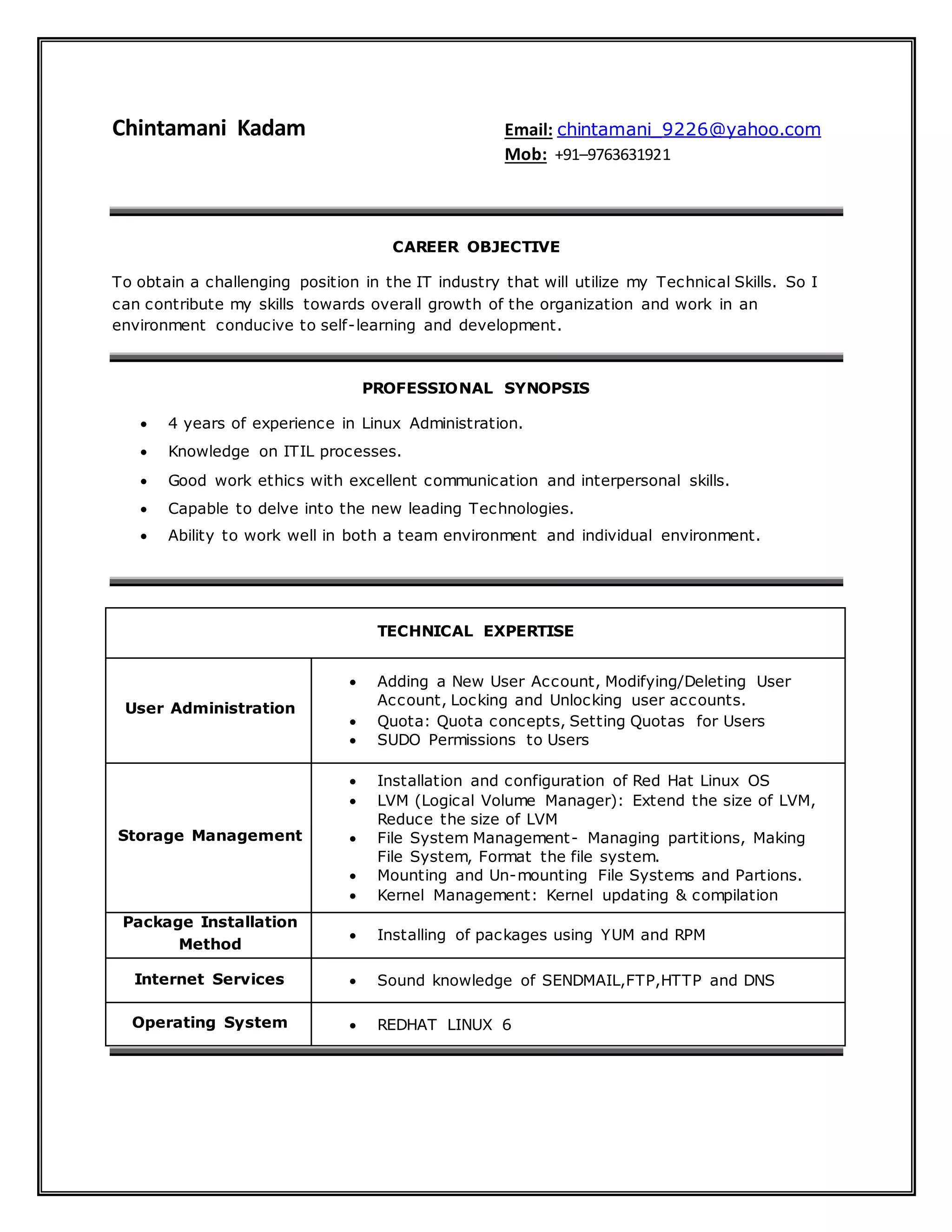 Chintamani_Kadam_System_Admin | DOCX | Operating Systems | Computer Software and Applications