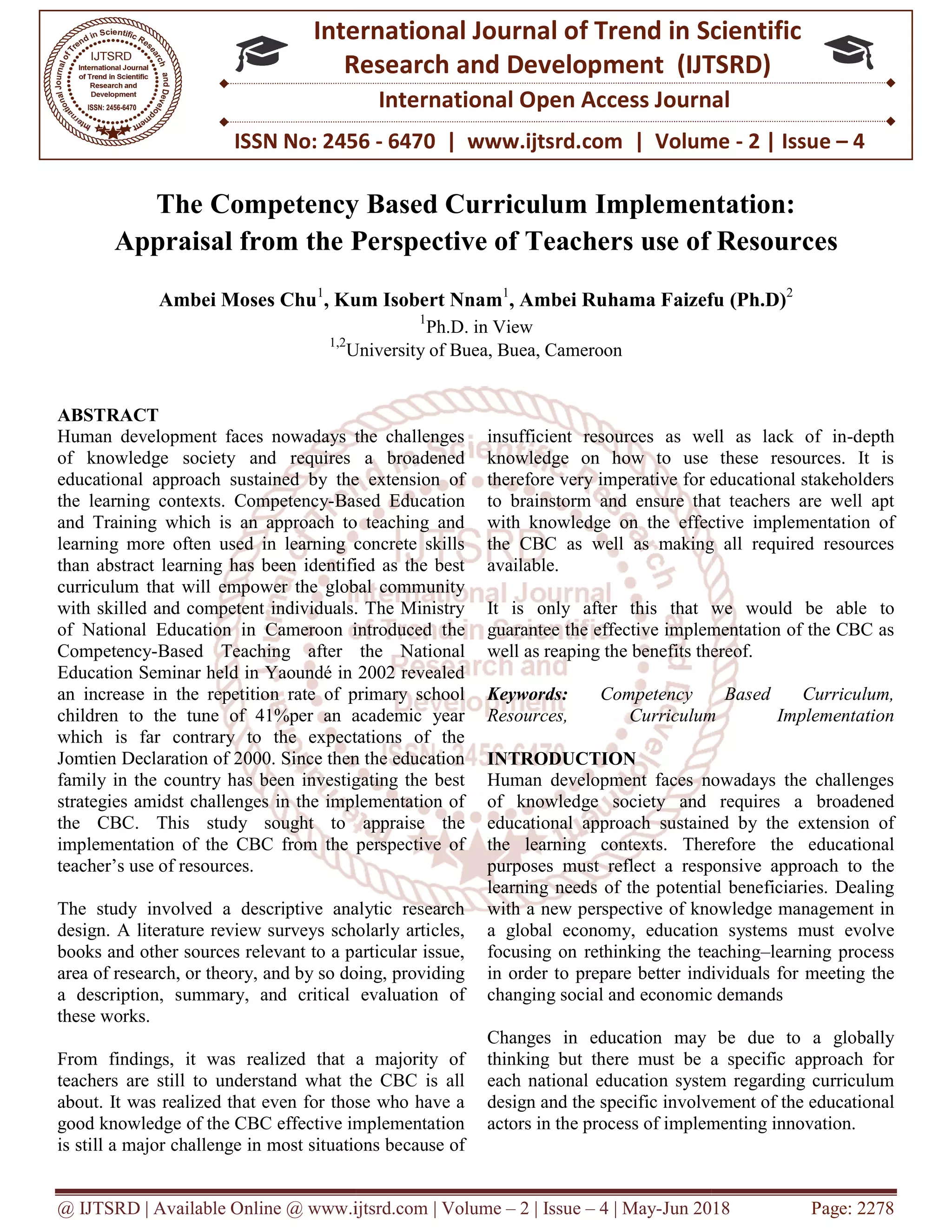 The Competency Based Curriculum Implementation: Appraisal from the ...