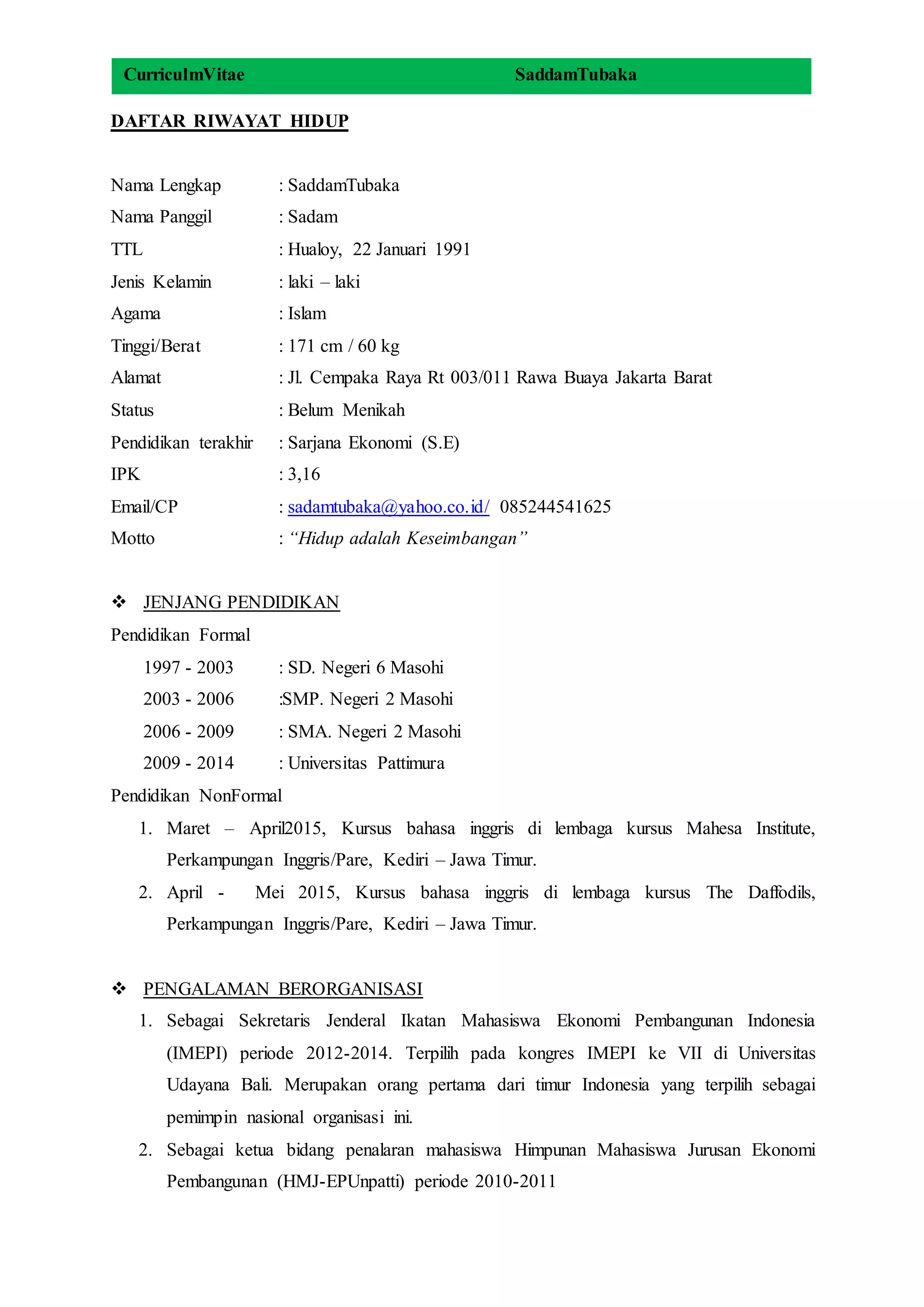 daftar riwayat hidup saddam tubaka | DOCX