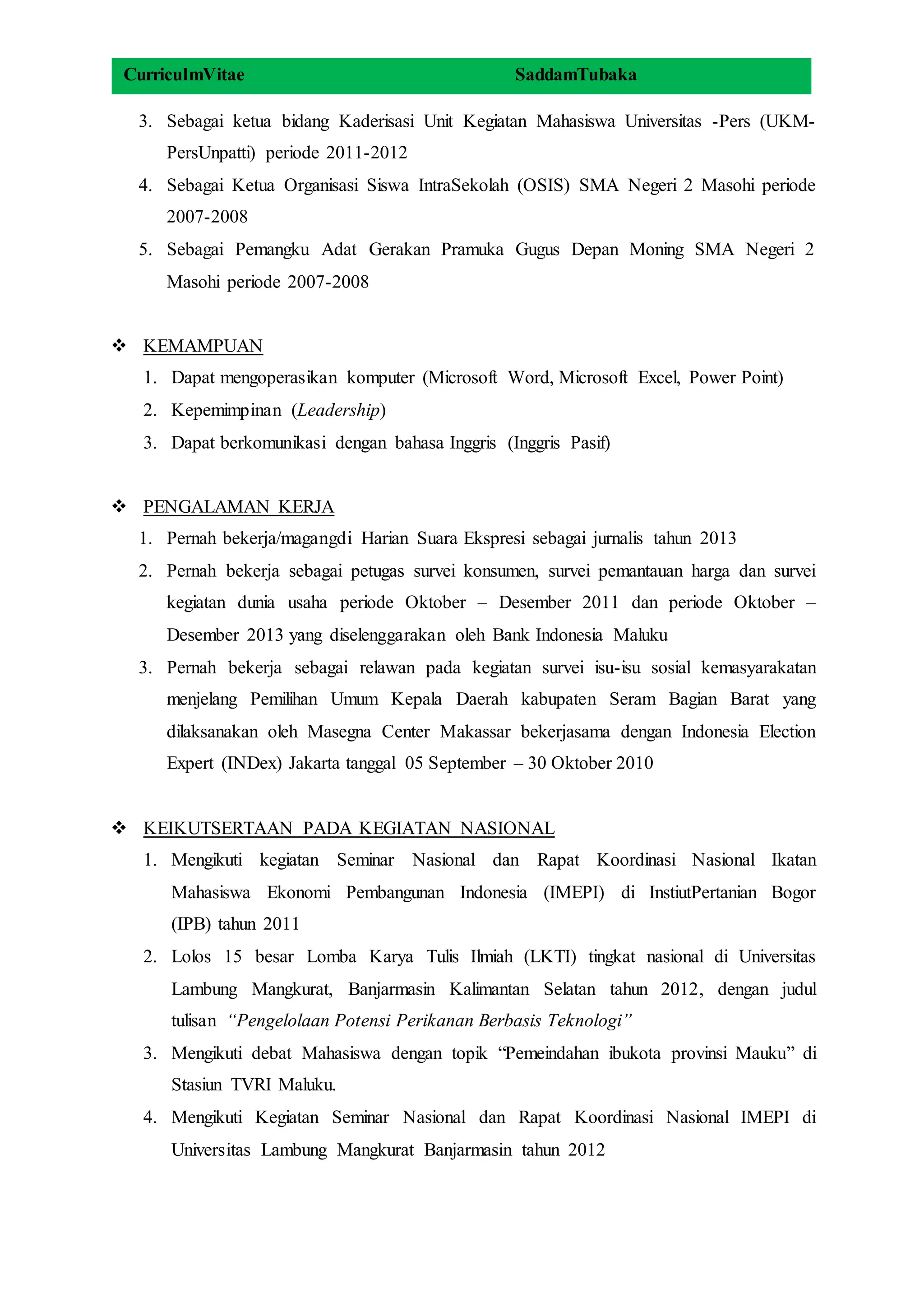 daftar riwayat hidup saddam tubaka | DOCX