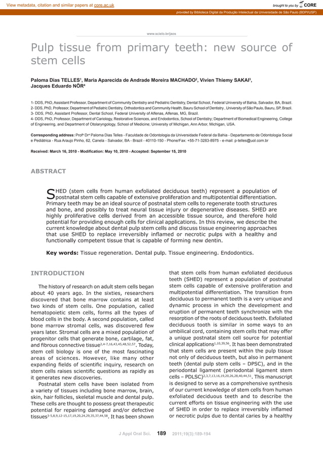 Pulp tissue from primary teeth: new source of stem cells | PDF