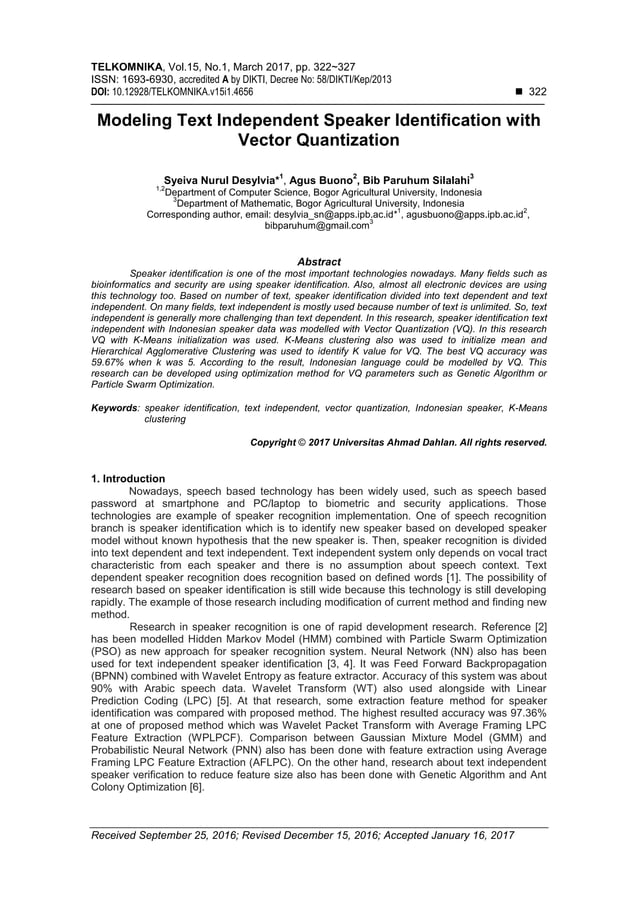 Modeling Text Independent Speaker Identification with Vector Quantization | PDF