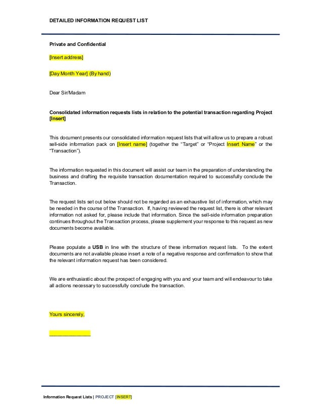 Information Request List (IRL)