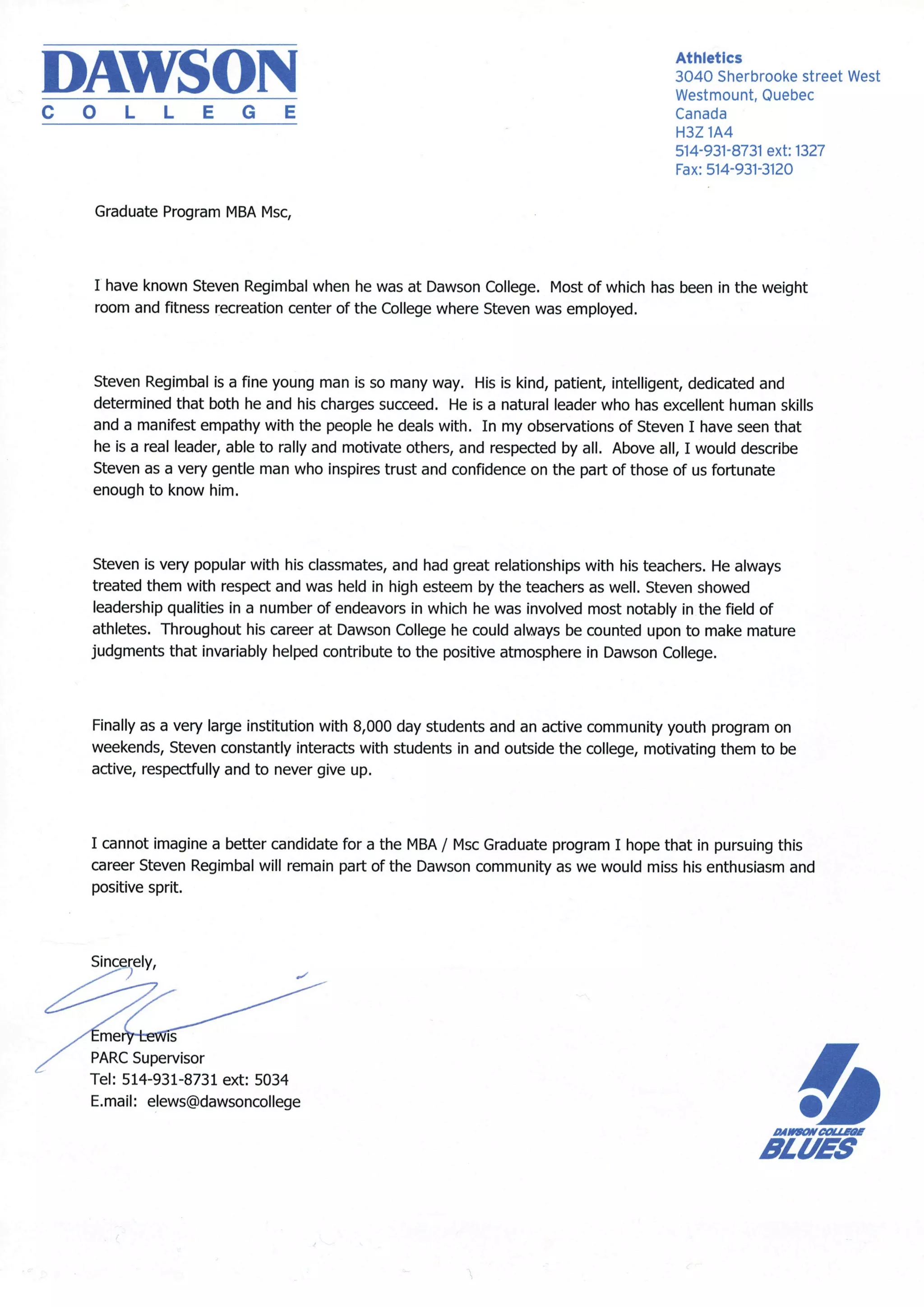 Emery Lewis Reference Letter for Steven Regimbal | PDF