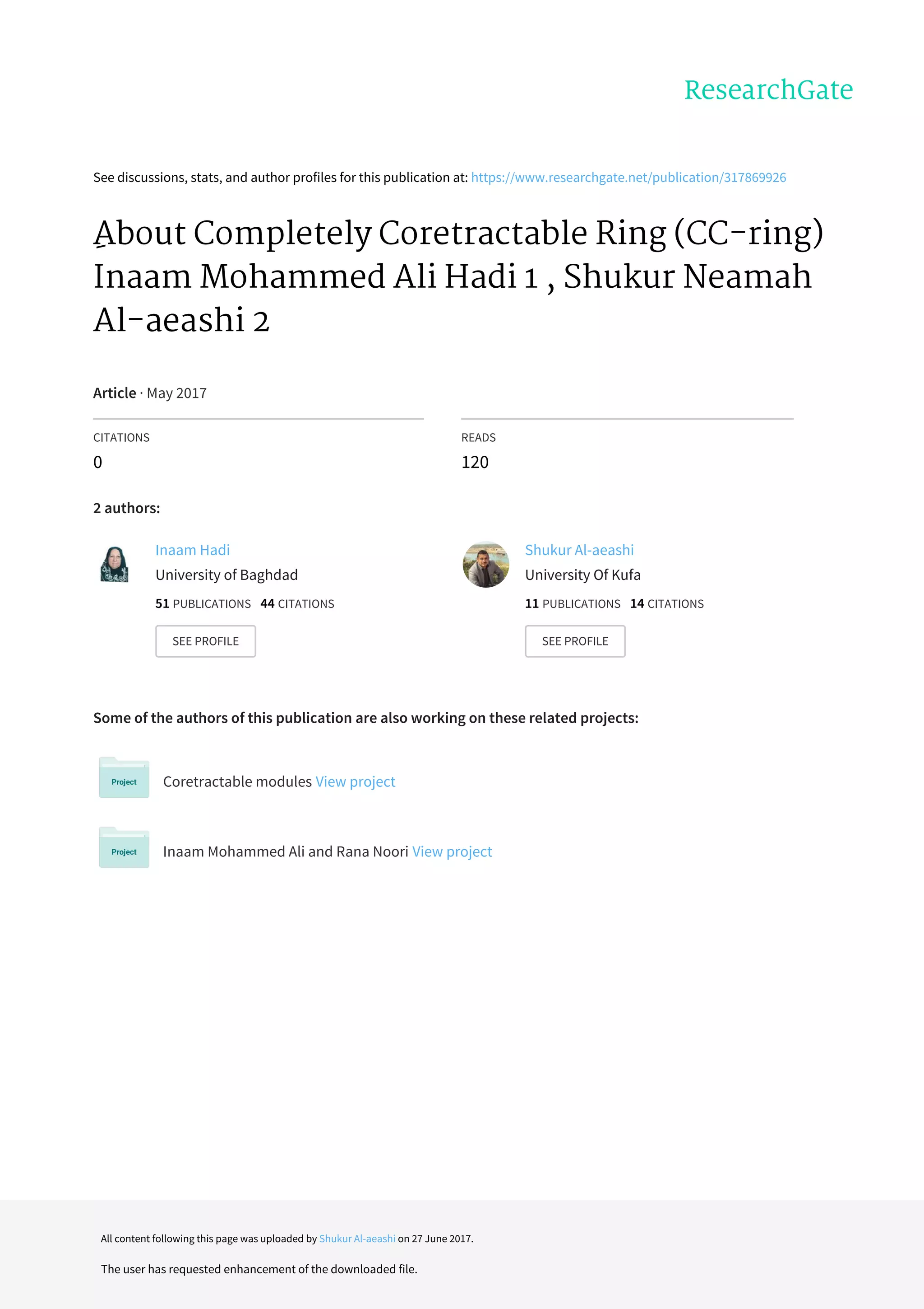 Studying Some Results about Completely Coretractable Ring (CC-ring) | PDF