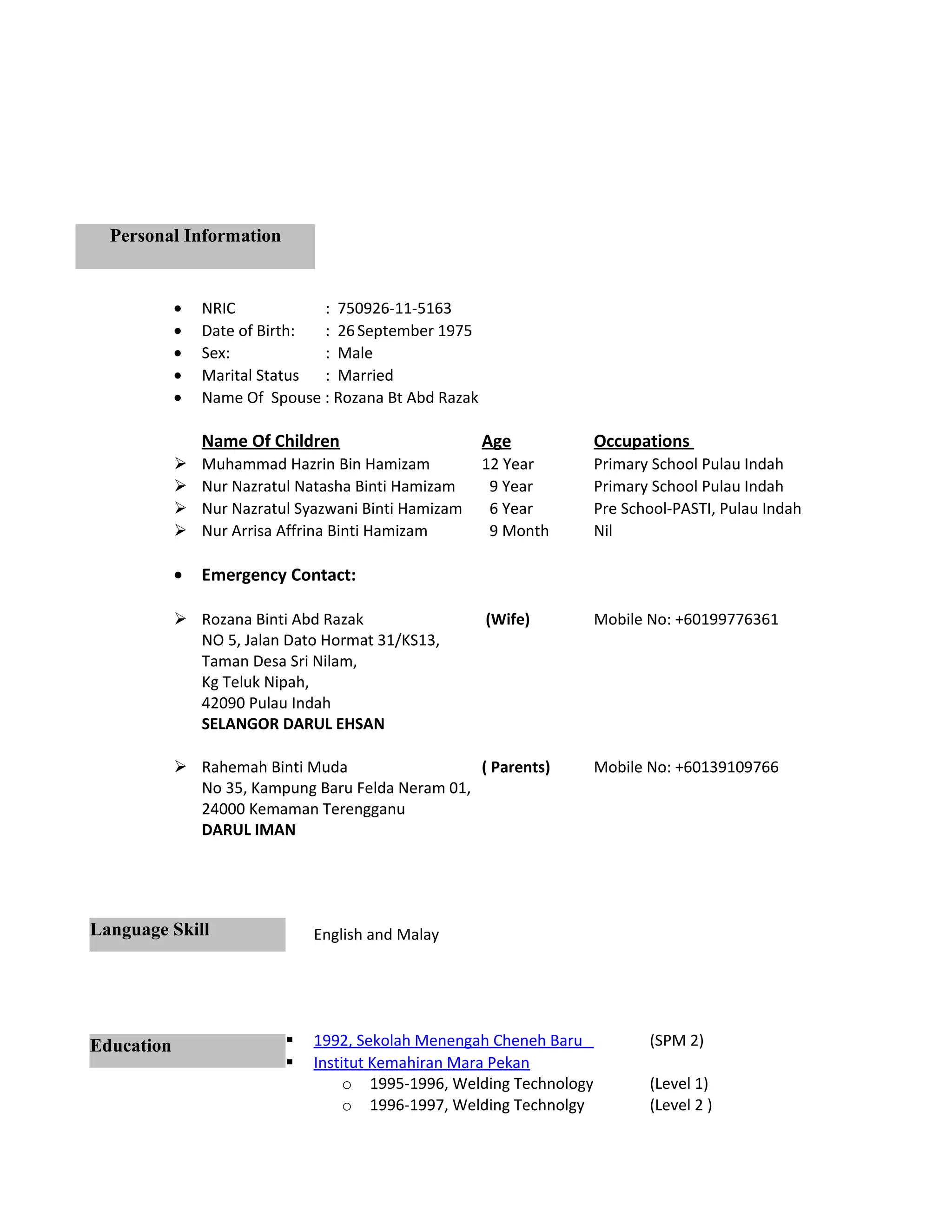 Resume Hamizam | DOC