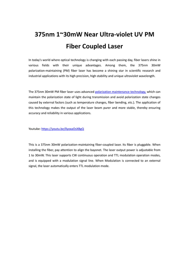 375nm 1-30mW UV Laser Coupled PM Fiber Output | DOCX