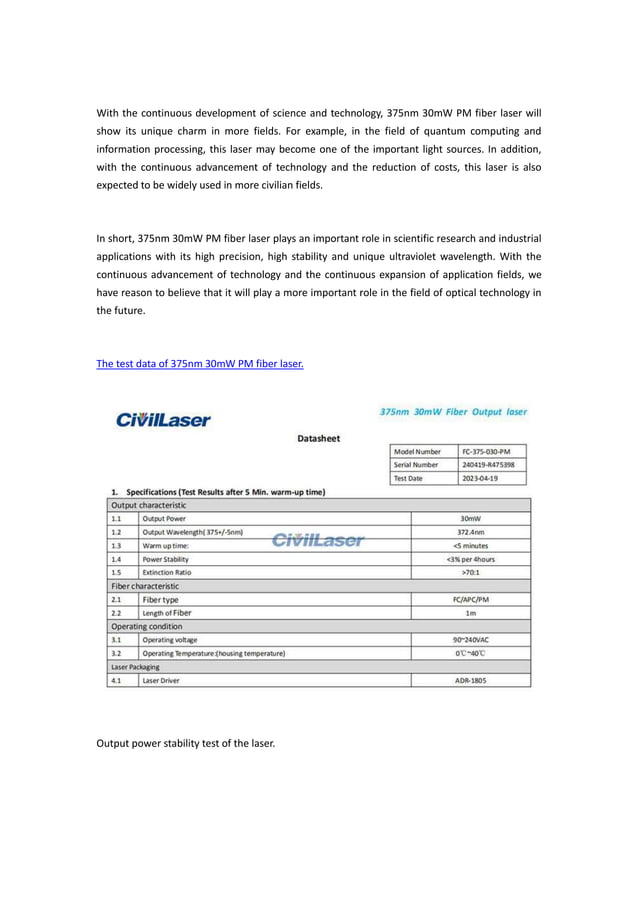 375nm 1-30mW UV Laser Coupled PM Fiber Output | DOCX