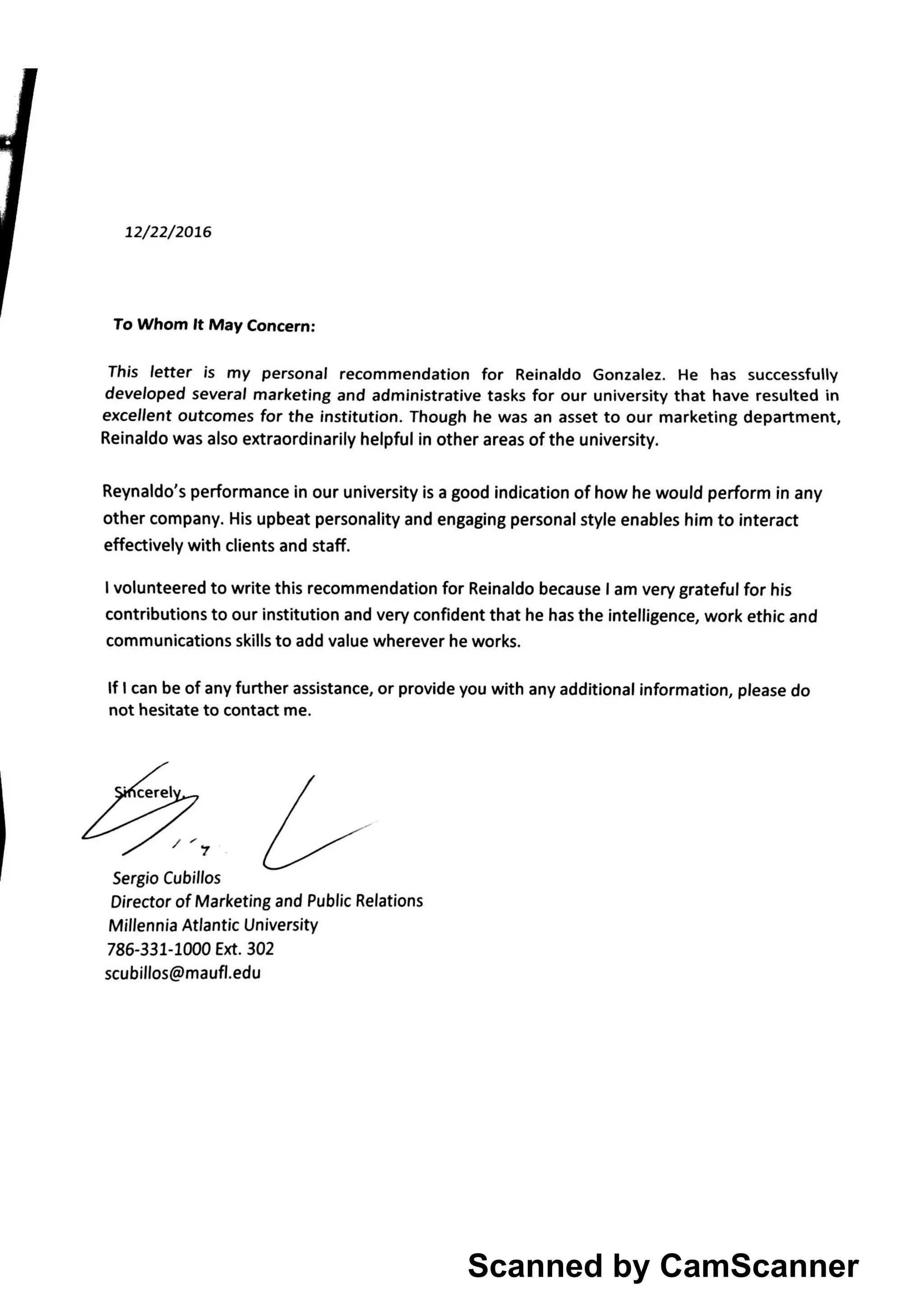 Recommendation Letter from Sergio Cubillos | PDF