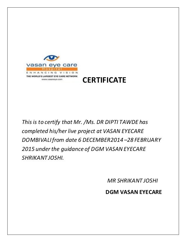 LIVE PROJECT REPORT VASAN EYECARE