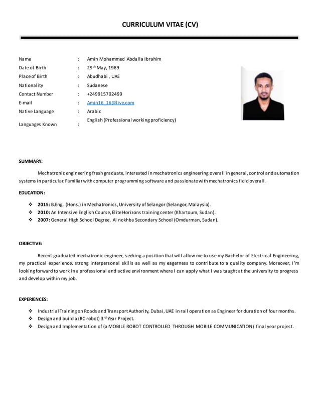 Amin's CV | DOCX | Robotics | Technology & Computing