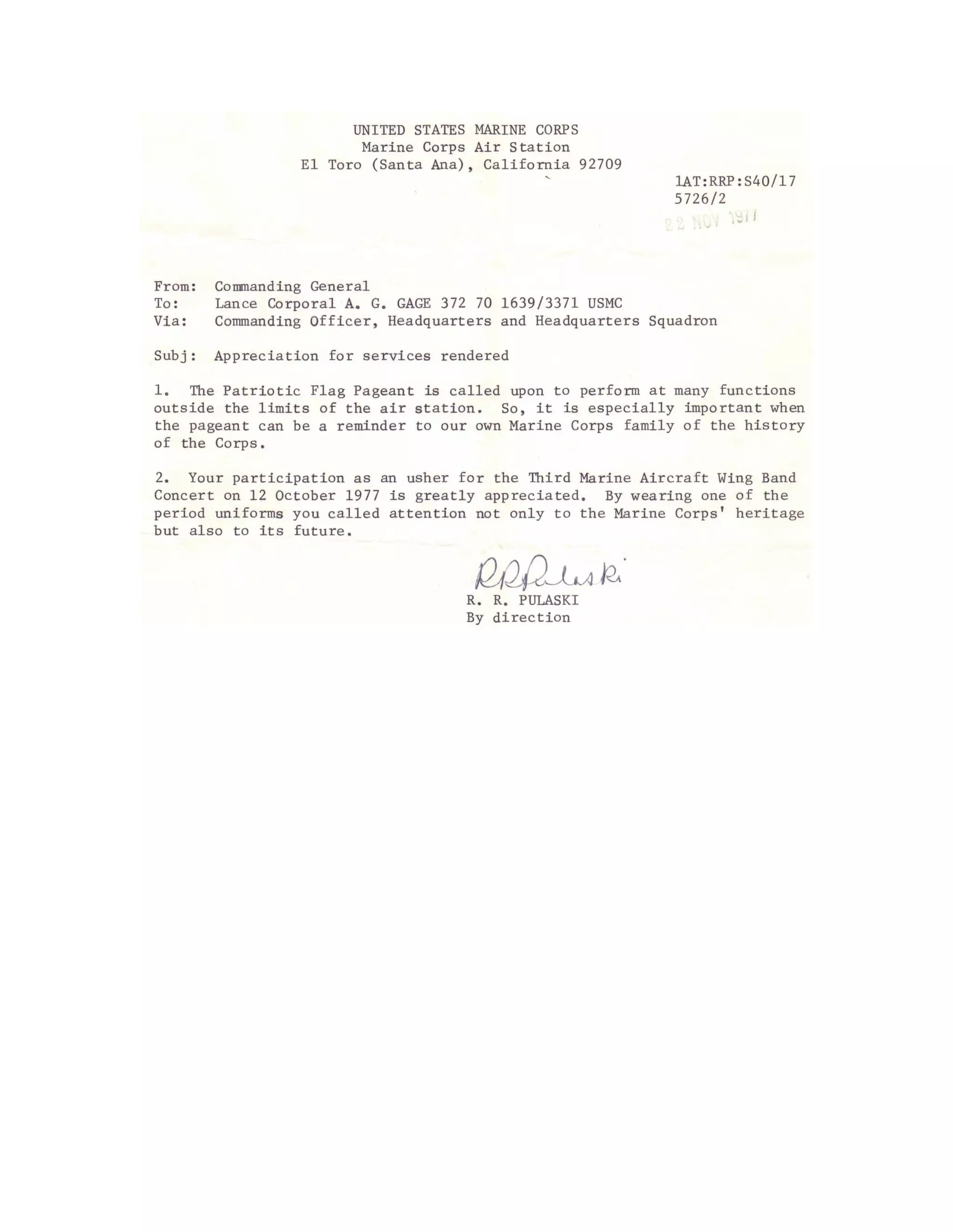 Al Gage LOA Flag Pageant El Tore Marine Base | DOC