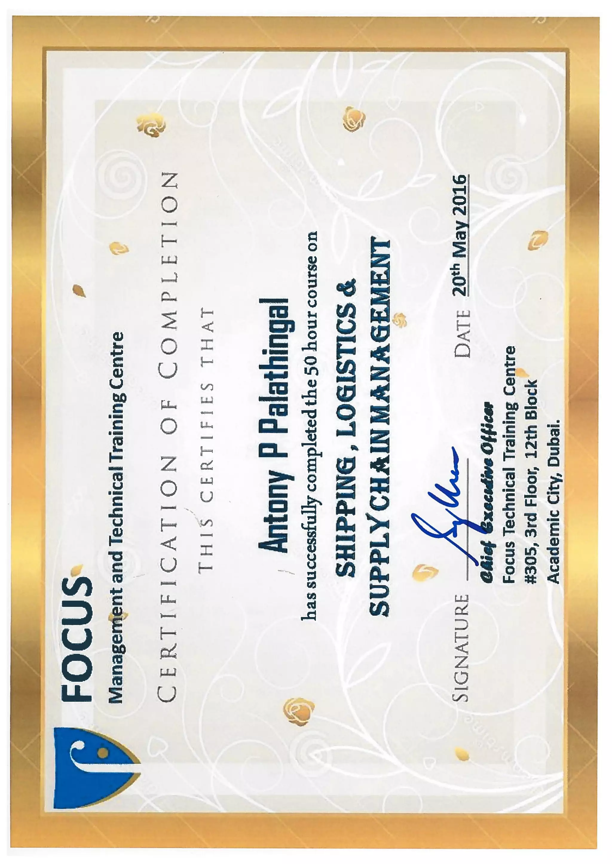 Antony Paul Certificate of completion of 50 hrs traning in Logistics ...