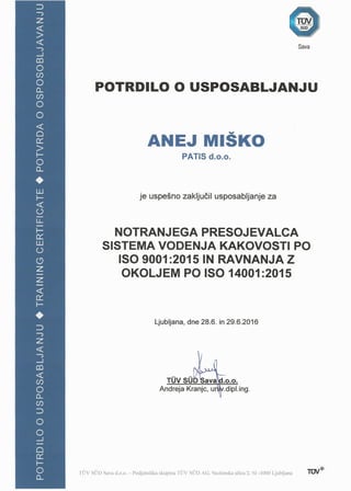 Potrdilo o usposabljanju - Notranji presojevalec sistema vodenj | PDF
