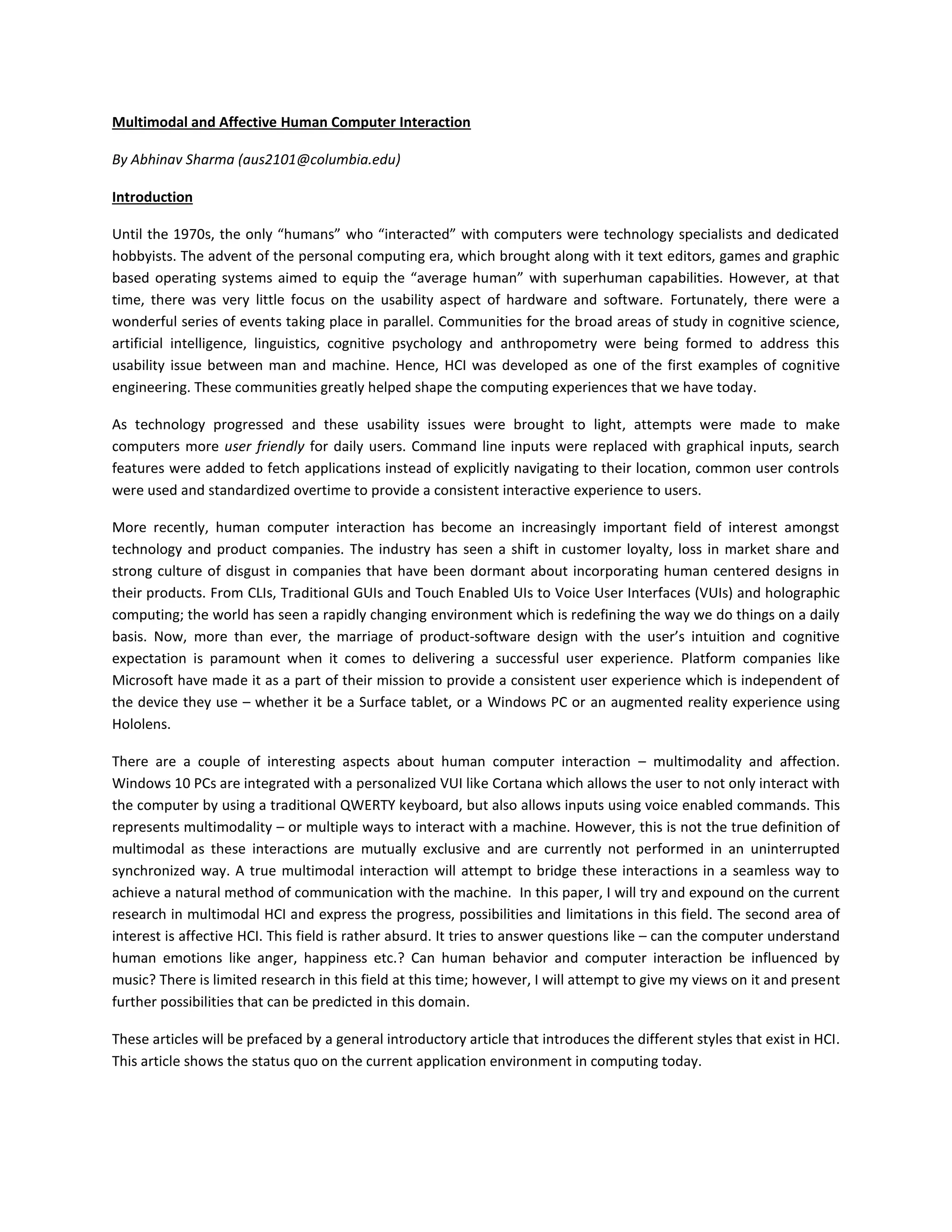 Multimodal and Affective Human Computer Interaction - Abhinav Sharma | PDF