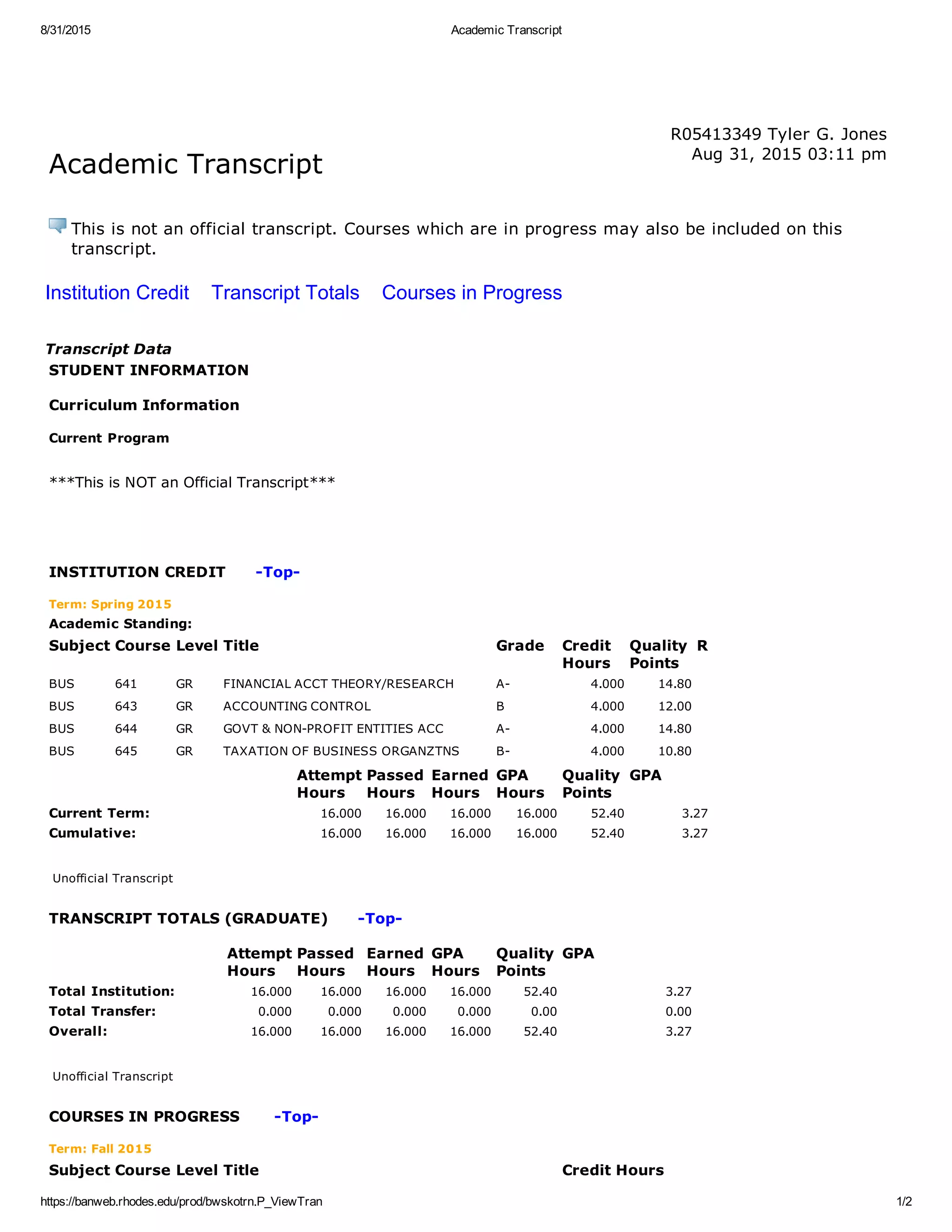 Graduate Academic Transcript | PDF