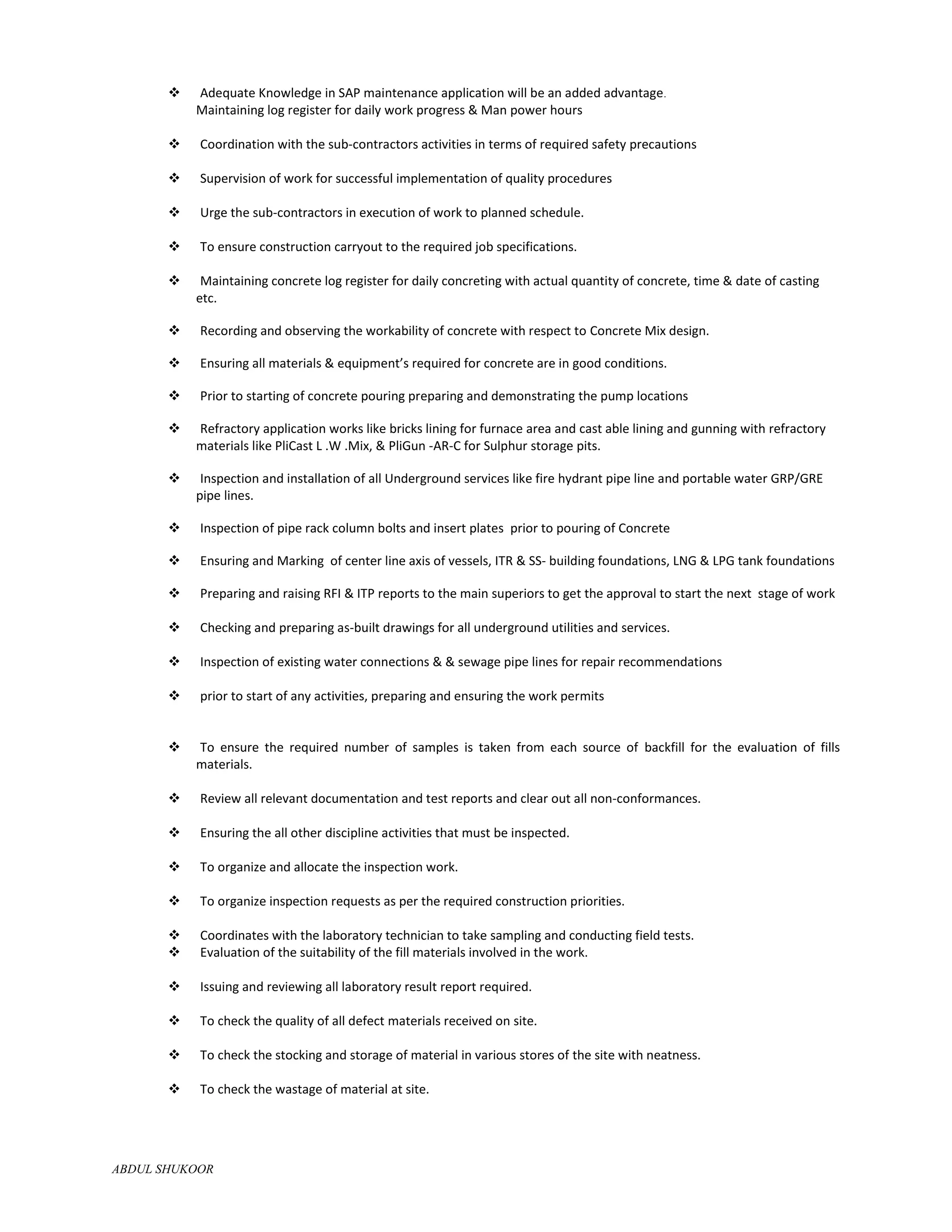 CIVIL SUPERVISOR-CV-abdul shukoor | PDF