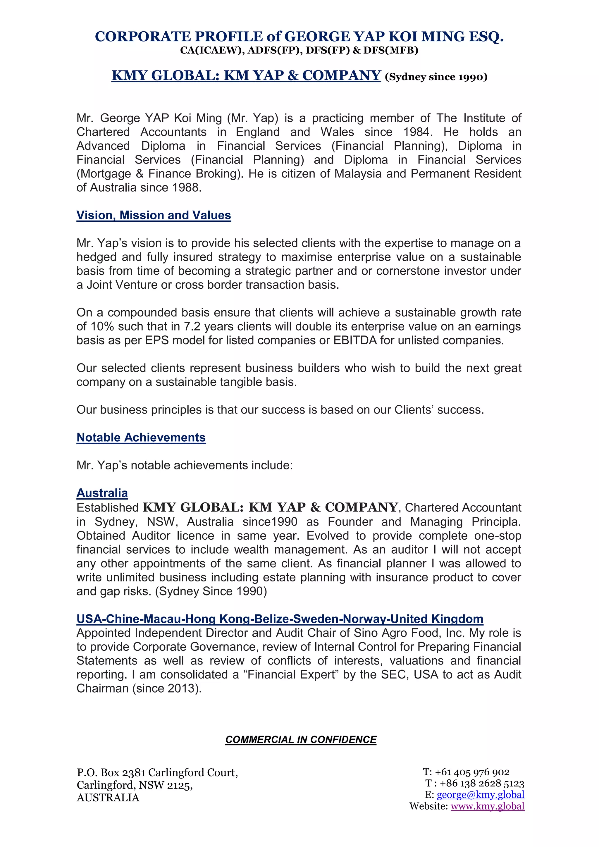 KMY GLOBAL_CORPORATE PROFILE_GEORGE YAP KM | PDF