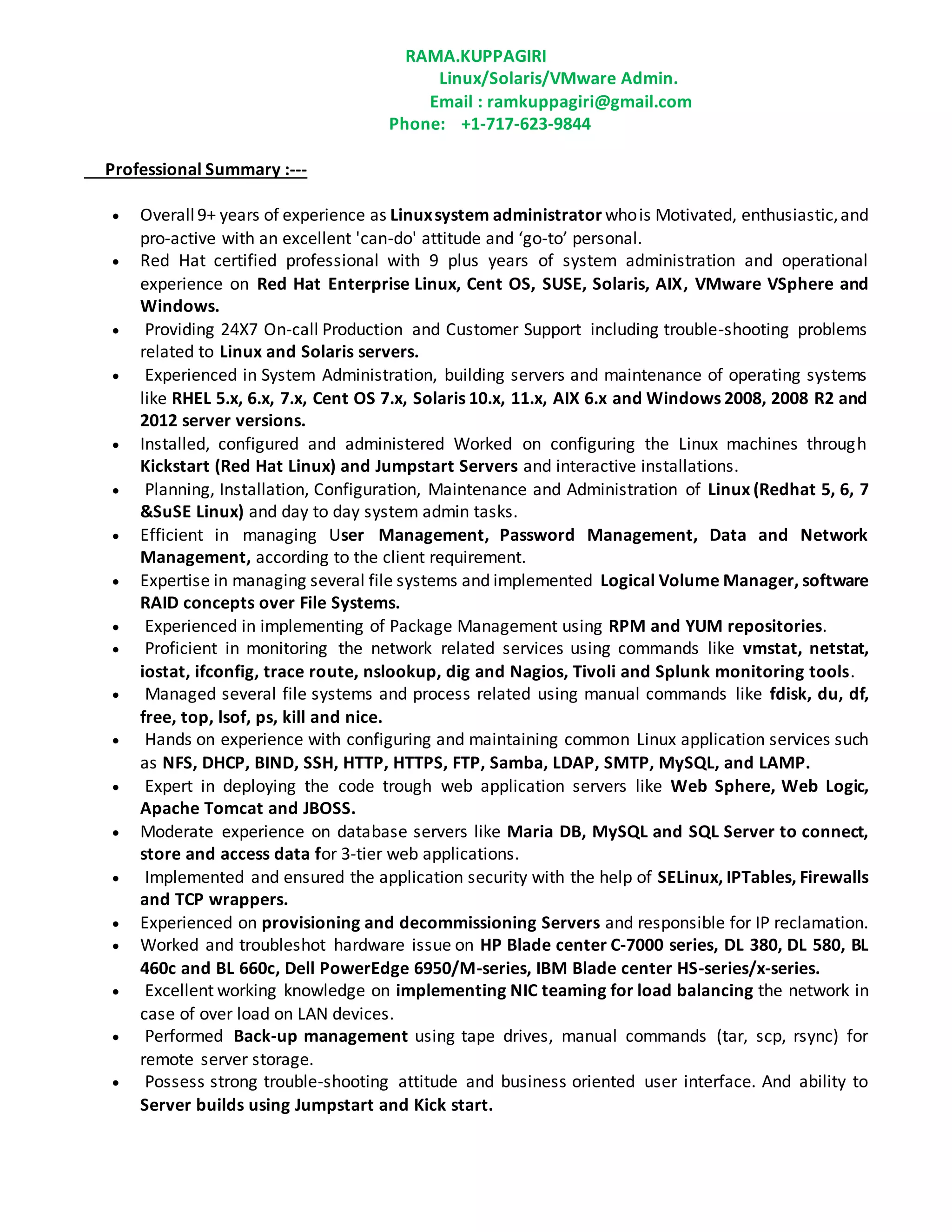 rama linux solaris vmware admin resume | DOCX