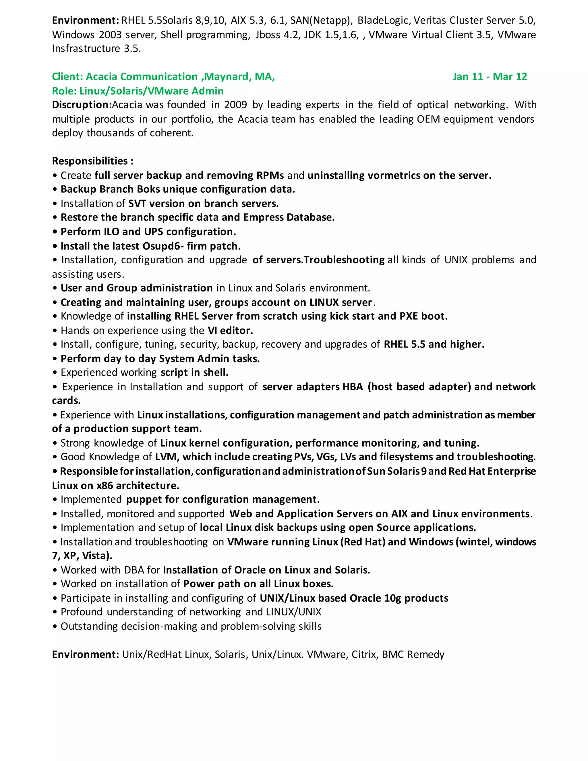 rama linux solaris vmware admin resume | DOCX