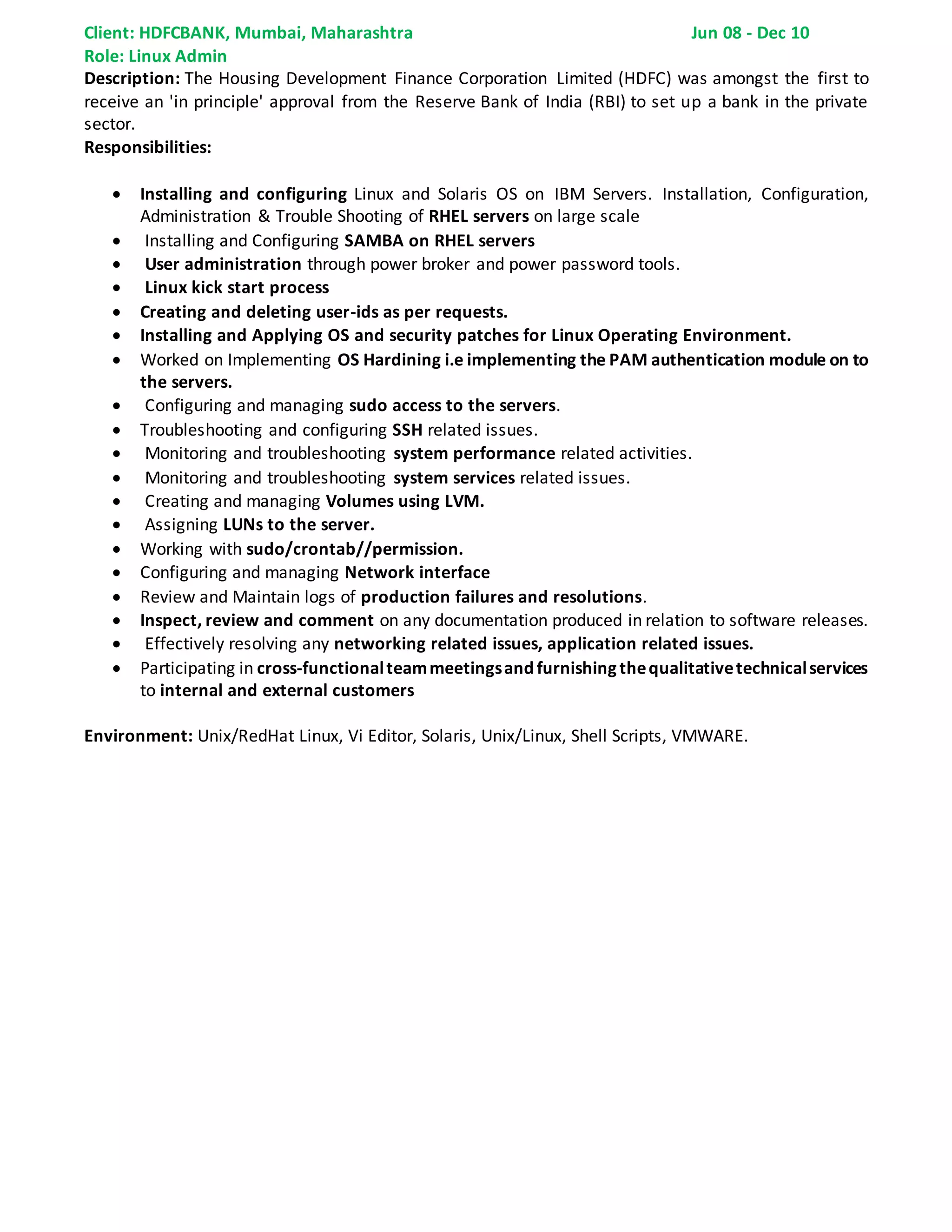 rama linux solaris vmware admin resume | DOCX