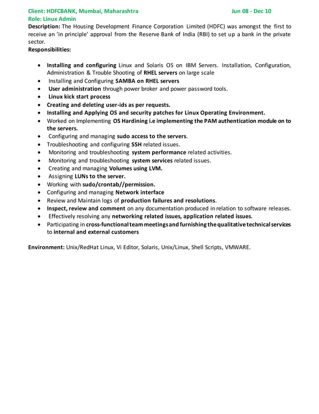 rama linux solaris vmware admin resume | DOCX