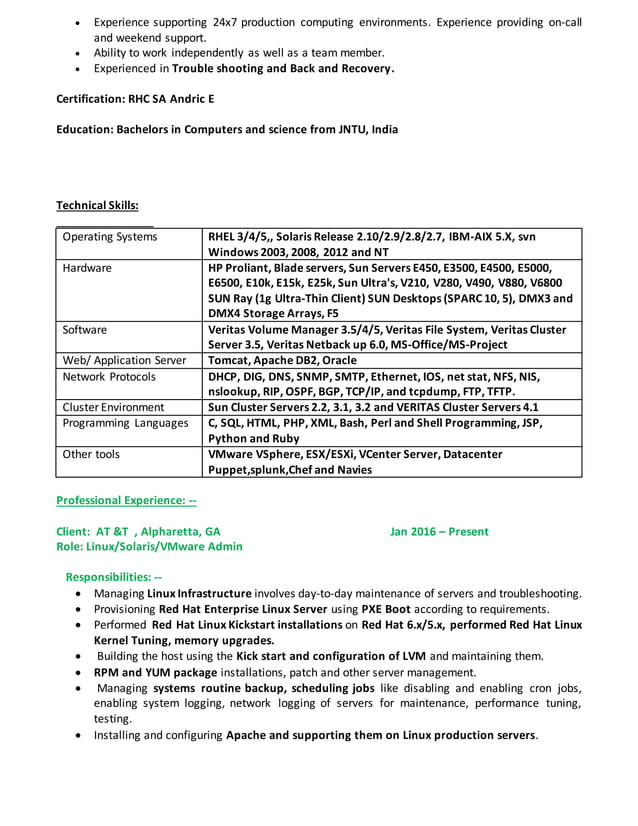 rama linux solaris vmware admin resume | DOCX