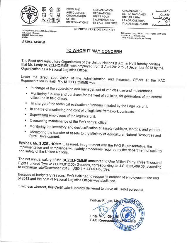 Letter of Recommendation of Suzelhomme (FAO) | PDF