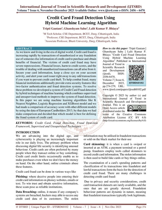 Credit Card Fraud Detection Using Hybrid Machine Learning Algorithm | PDF