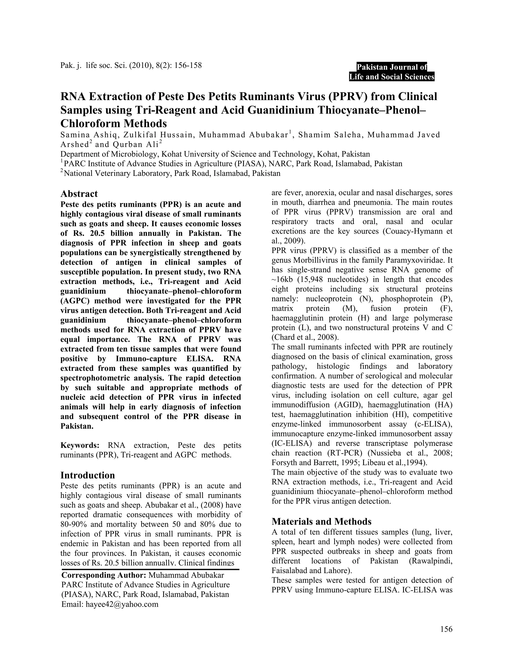 RNA Extraction of Peste Des Petits Ruminants Virus (PPRV) from Clinical ...