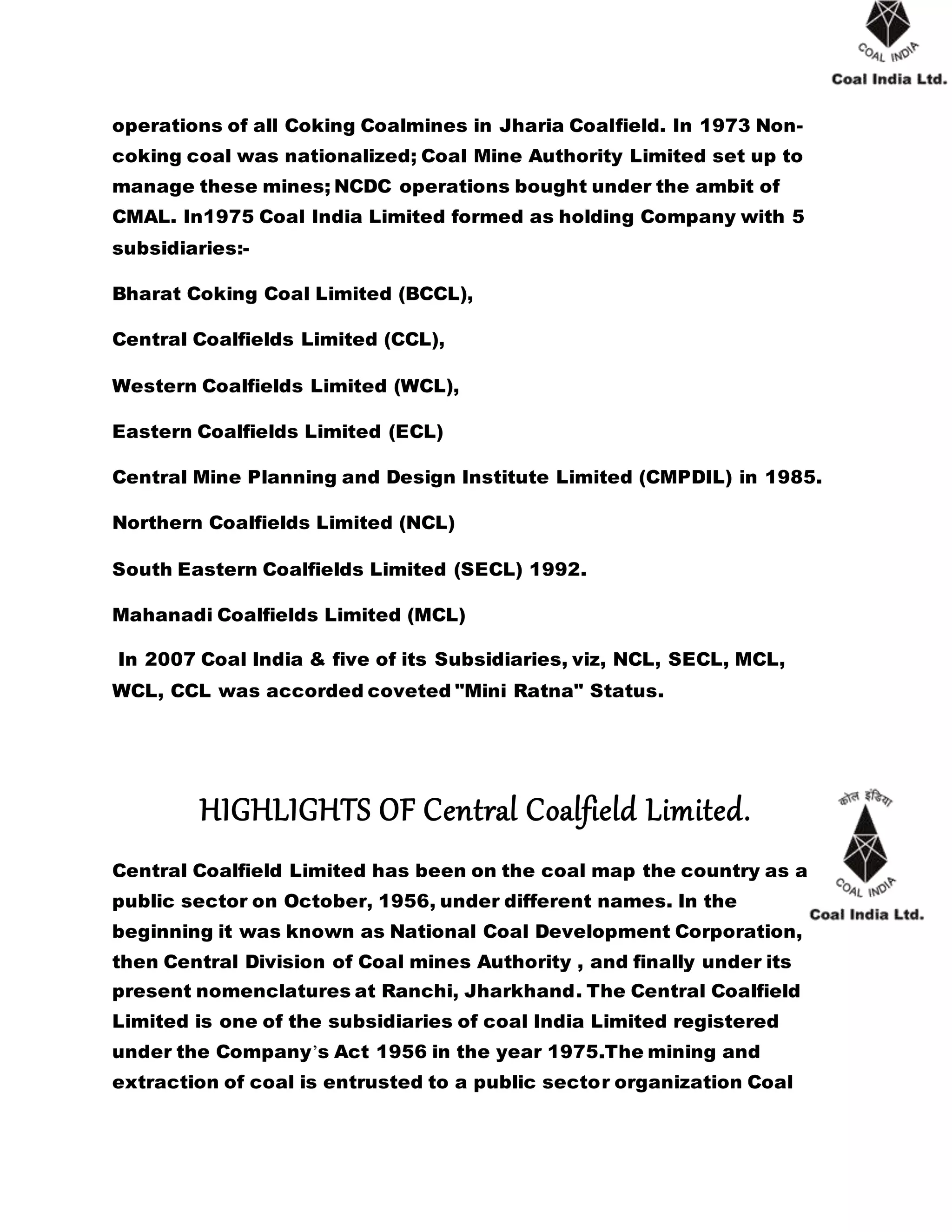 INTRODUCTION of CENTRAL COALFIELD LIMITED | DOCX