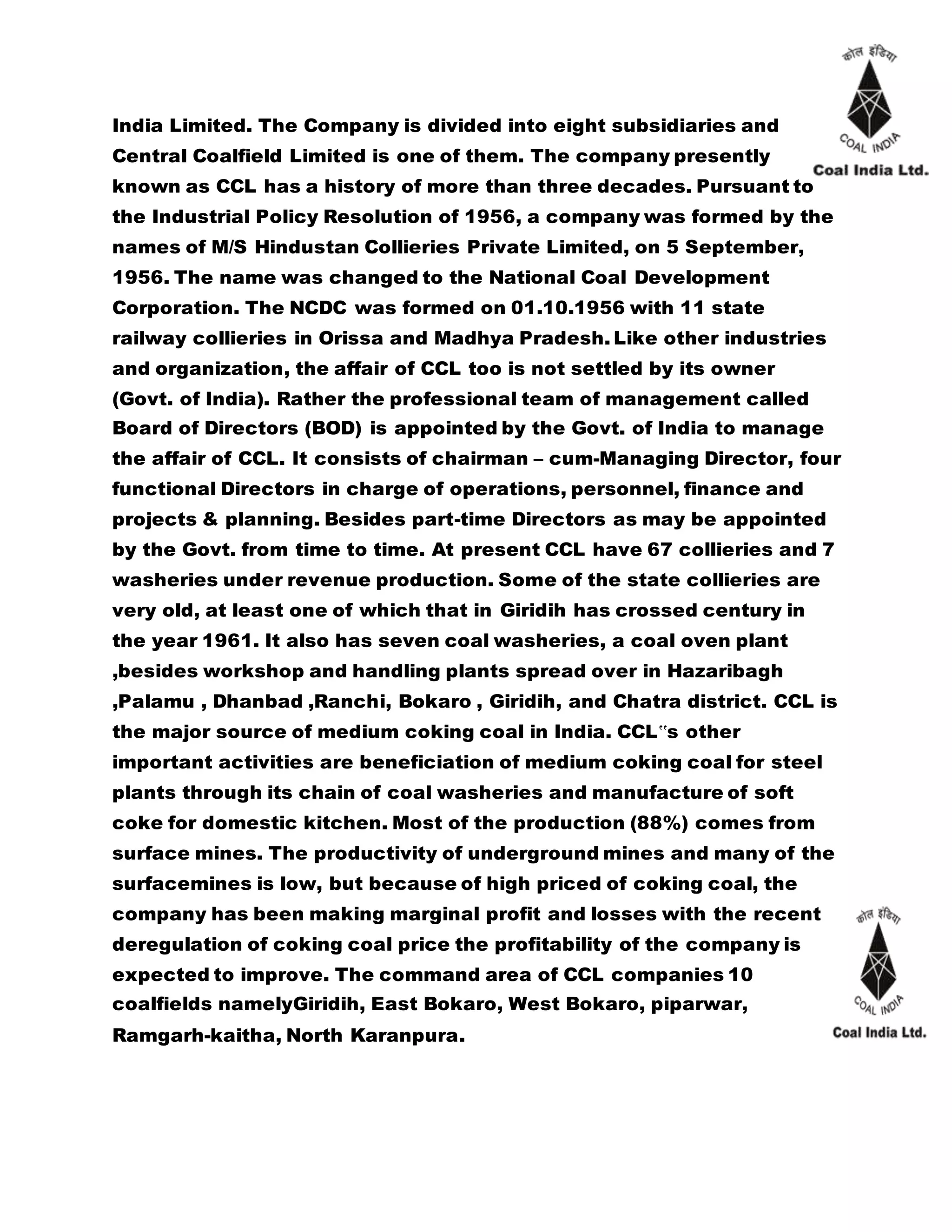 INTRODUCTION of CENTRAL COALFIELD LIMITED | DOCX