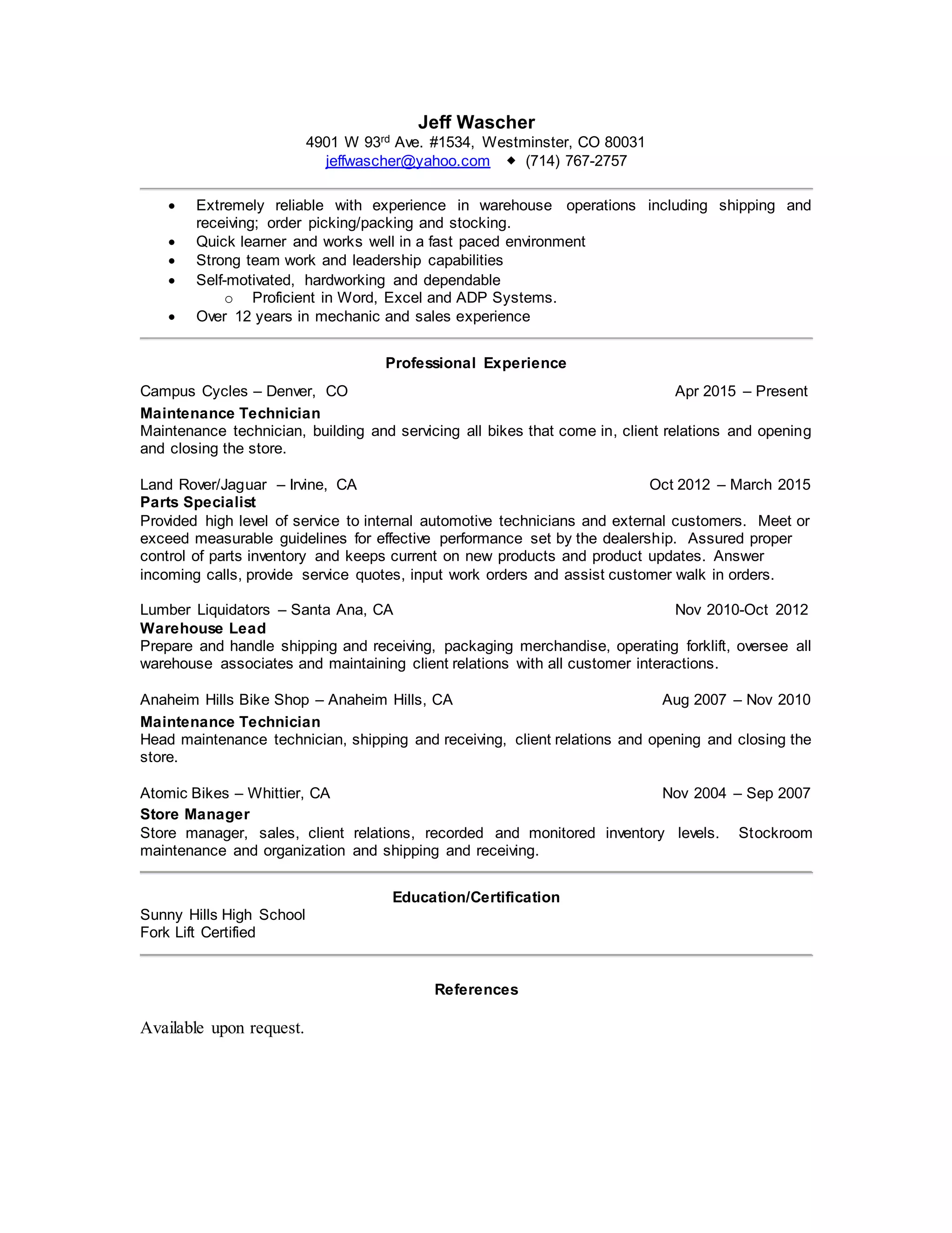 Jeff Wascher Resume 041815 | DOCX | Logistics | Business