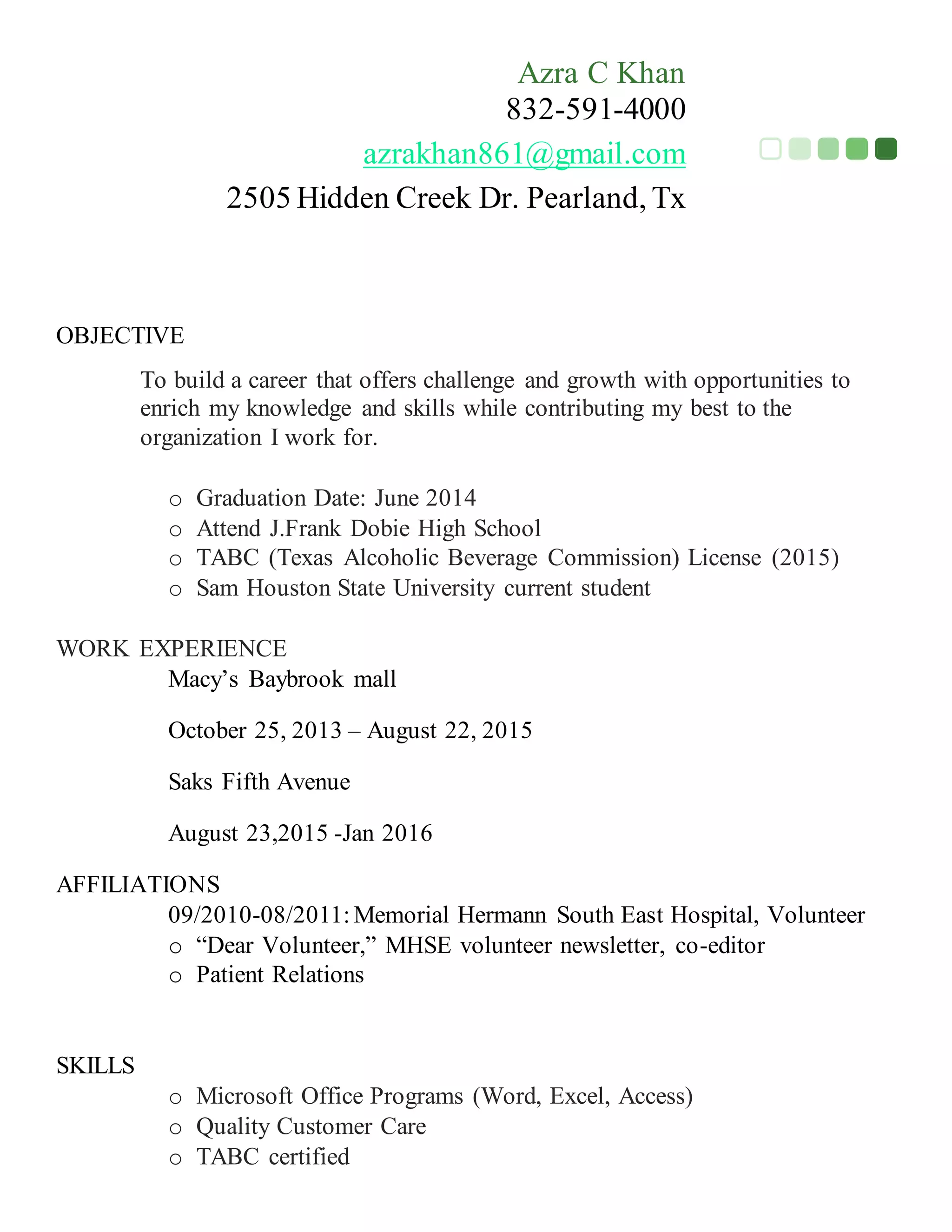 azra khan resume 123 | DOCX