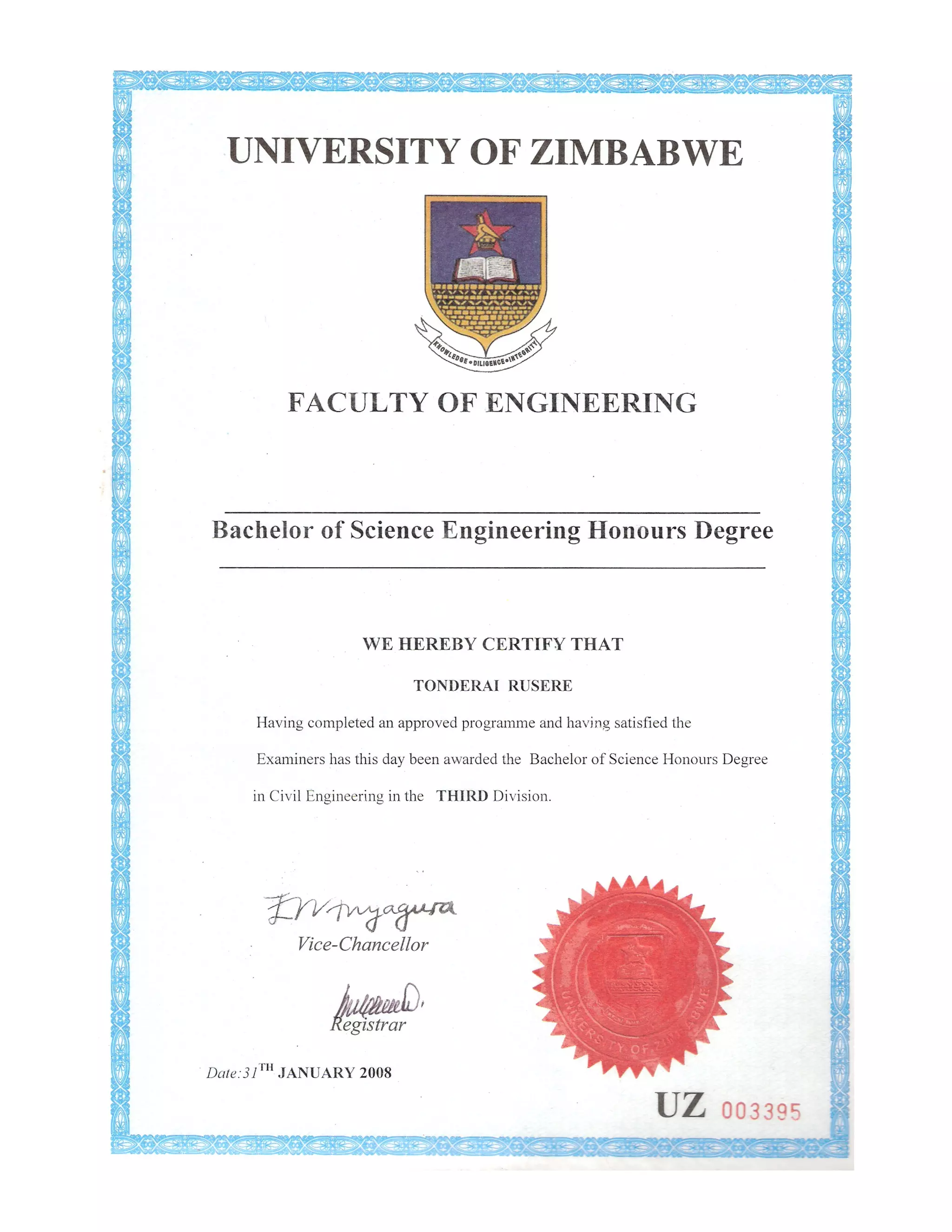 University of Zimbabwe Certificate | PDF
