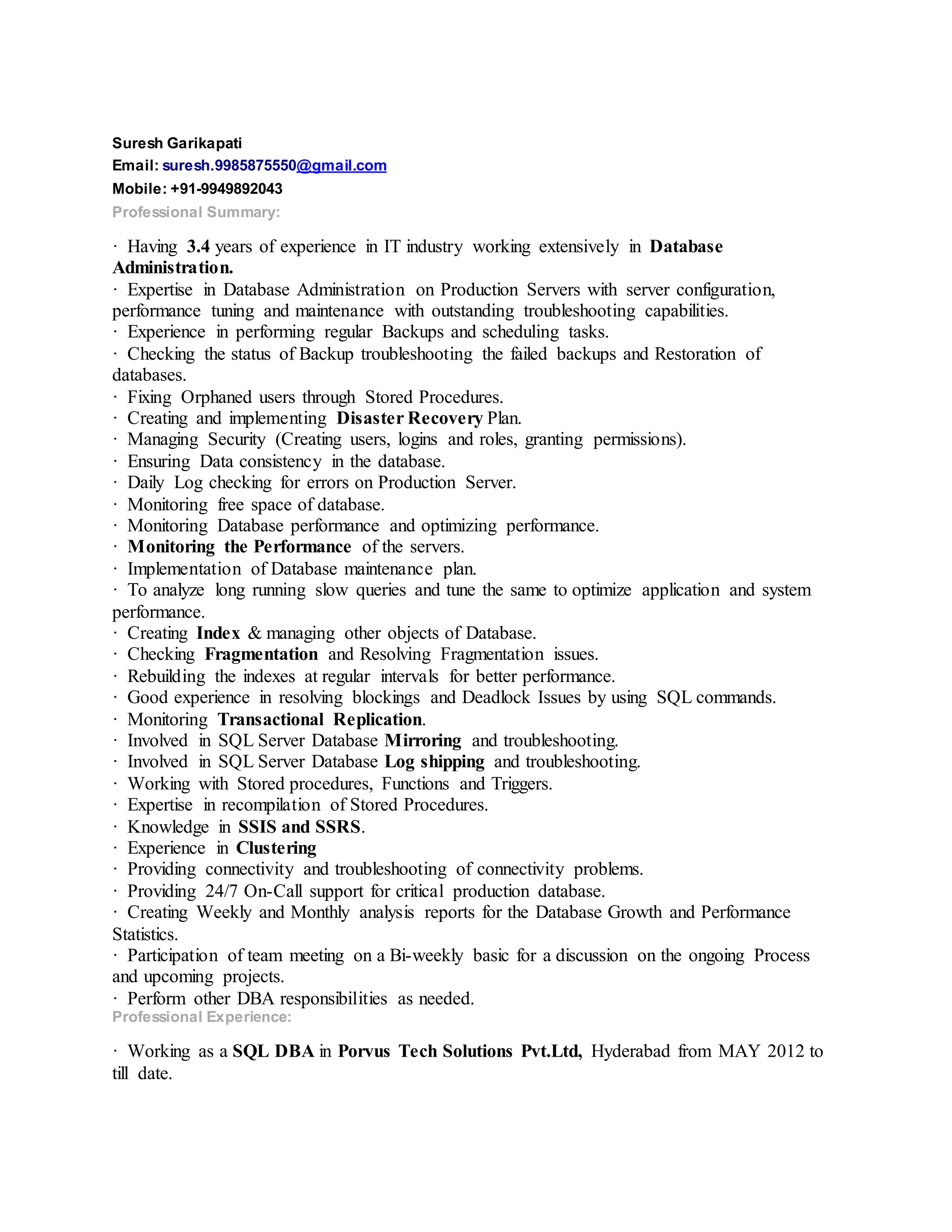 Sql Dba Suresh Resume Pdf