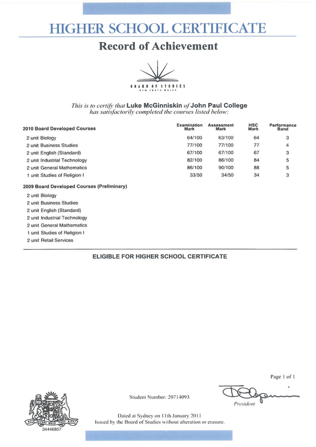 Higher School Certificate of Luke McGinniskin | PDF